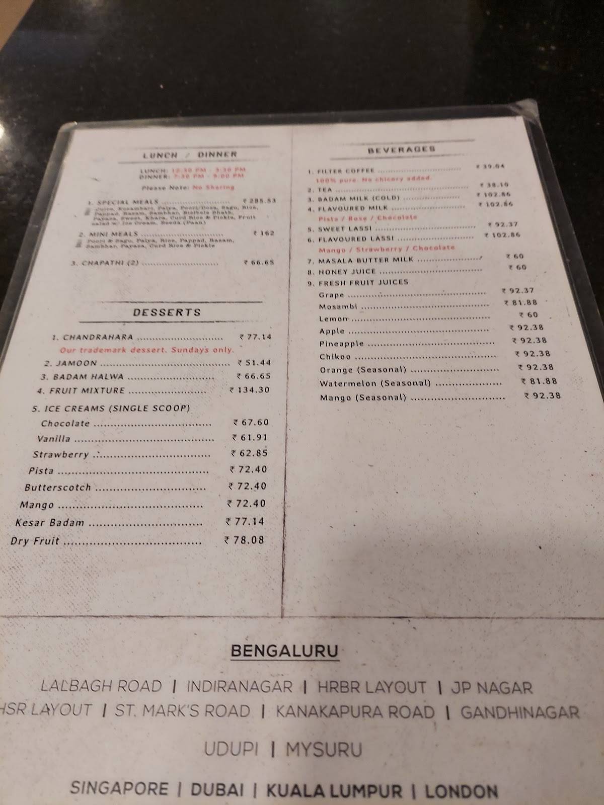 Menu at MTR, Mysuru, 9