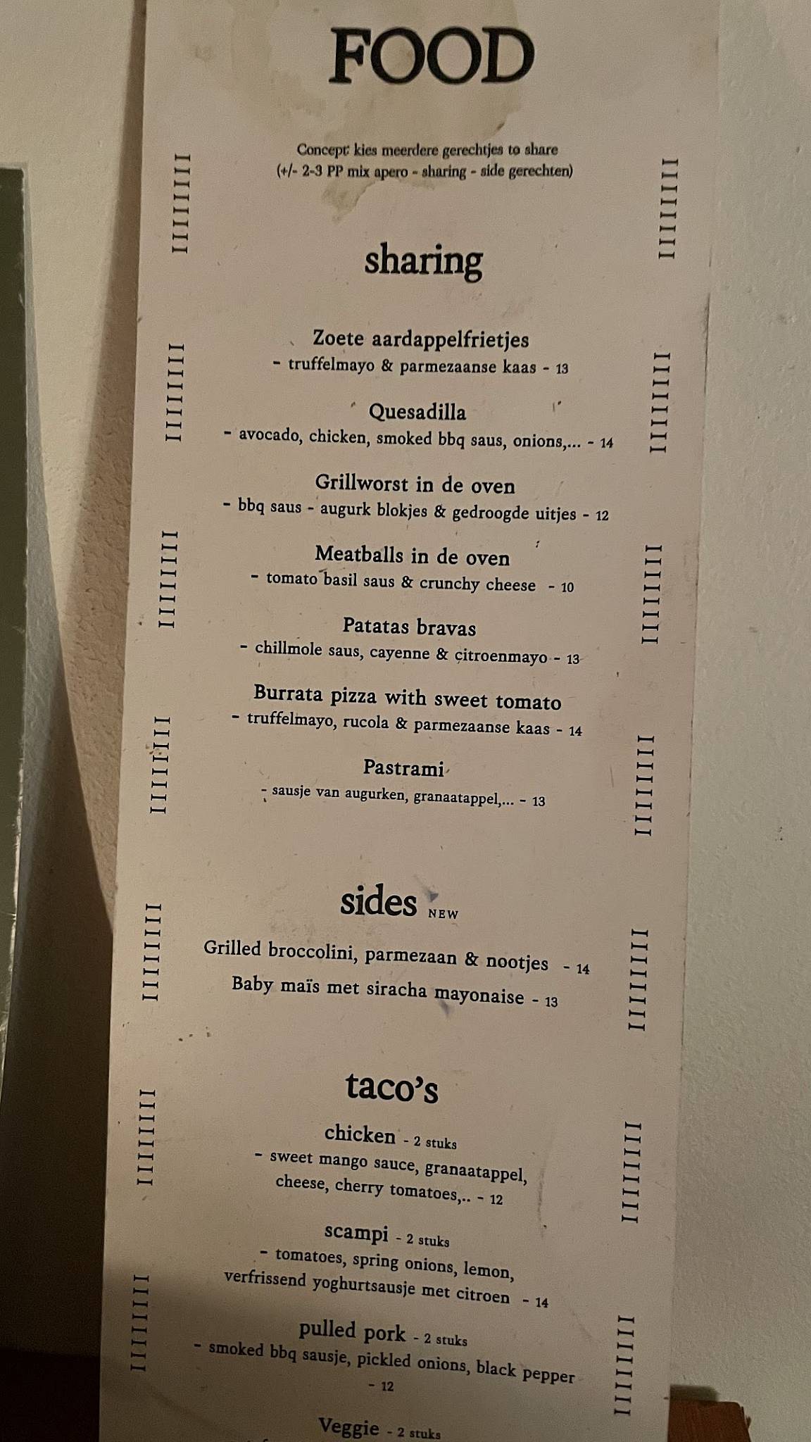Menu at Macho, Ghent
