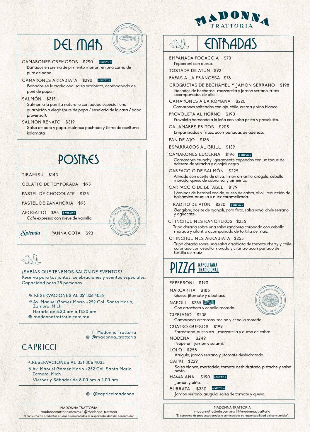 Carta del restaurante Madonna Trattoria, Zamora