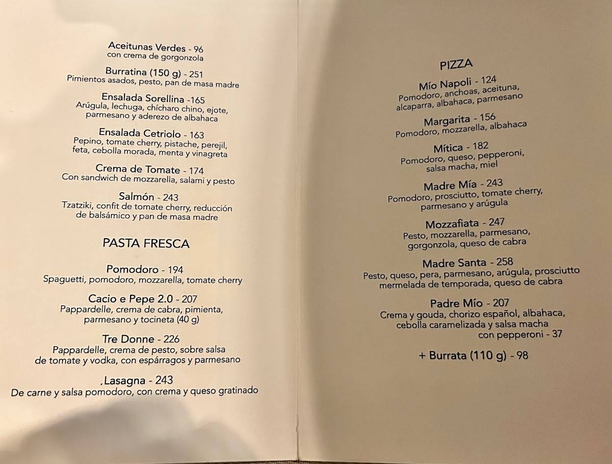 Carta de Madre Mia Pizzeria, Durango