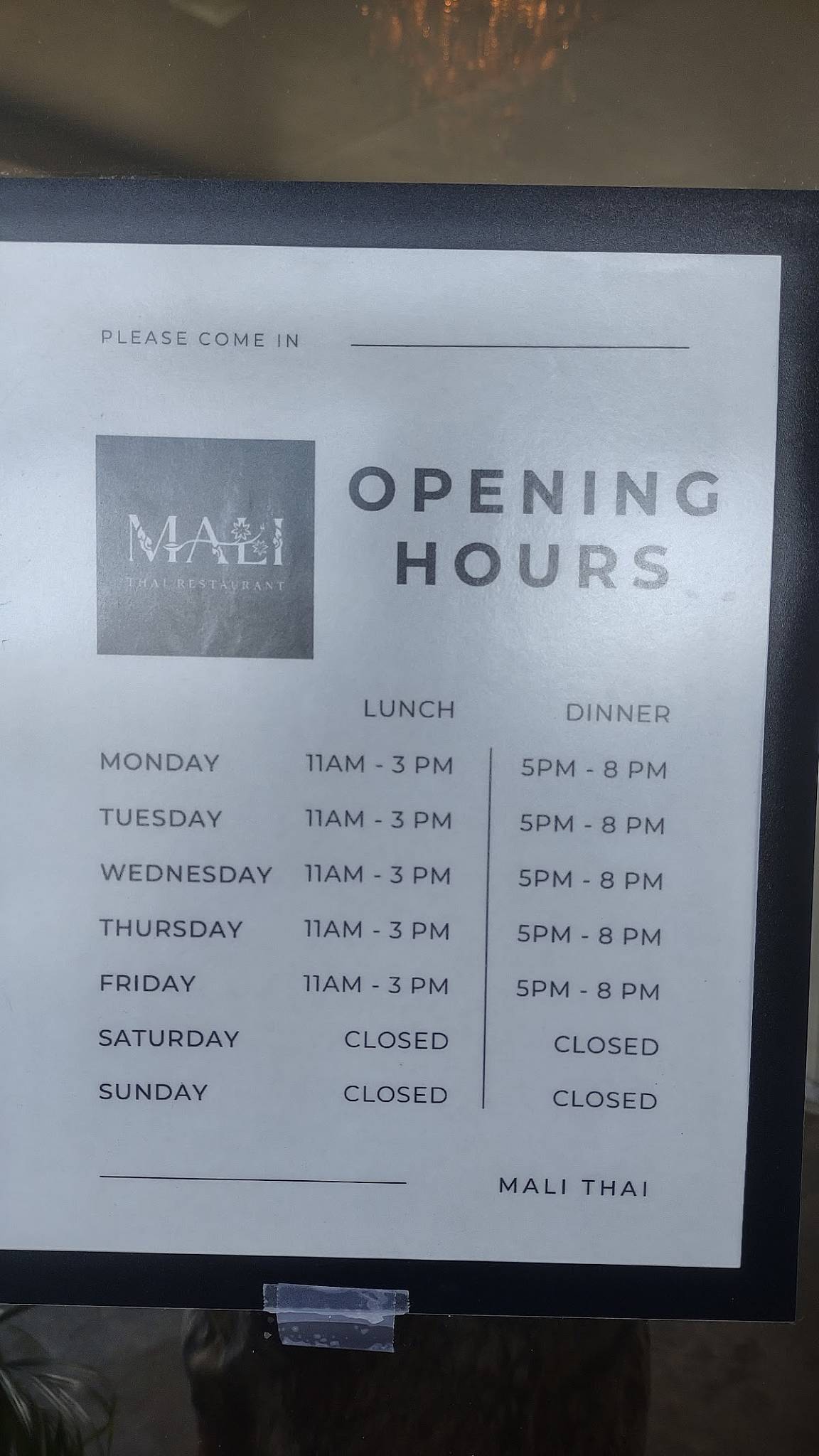 Menu at Mali Thai Restaurant, Nederland