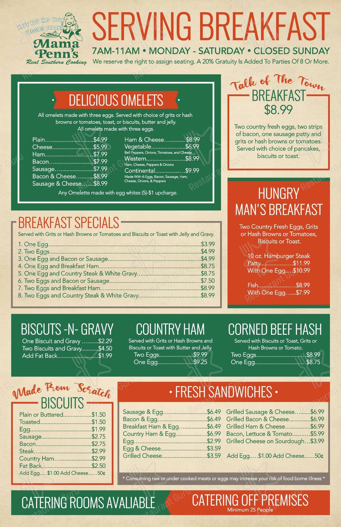 Menu at Mama Penn's Restaurant, Anderson, N Main St