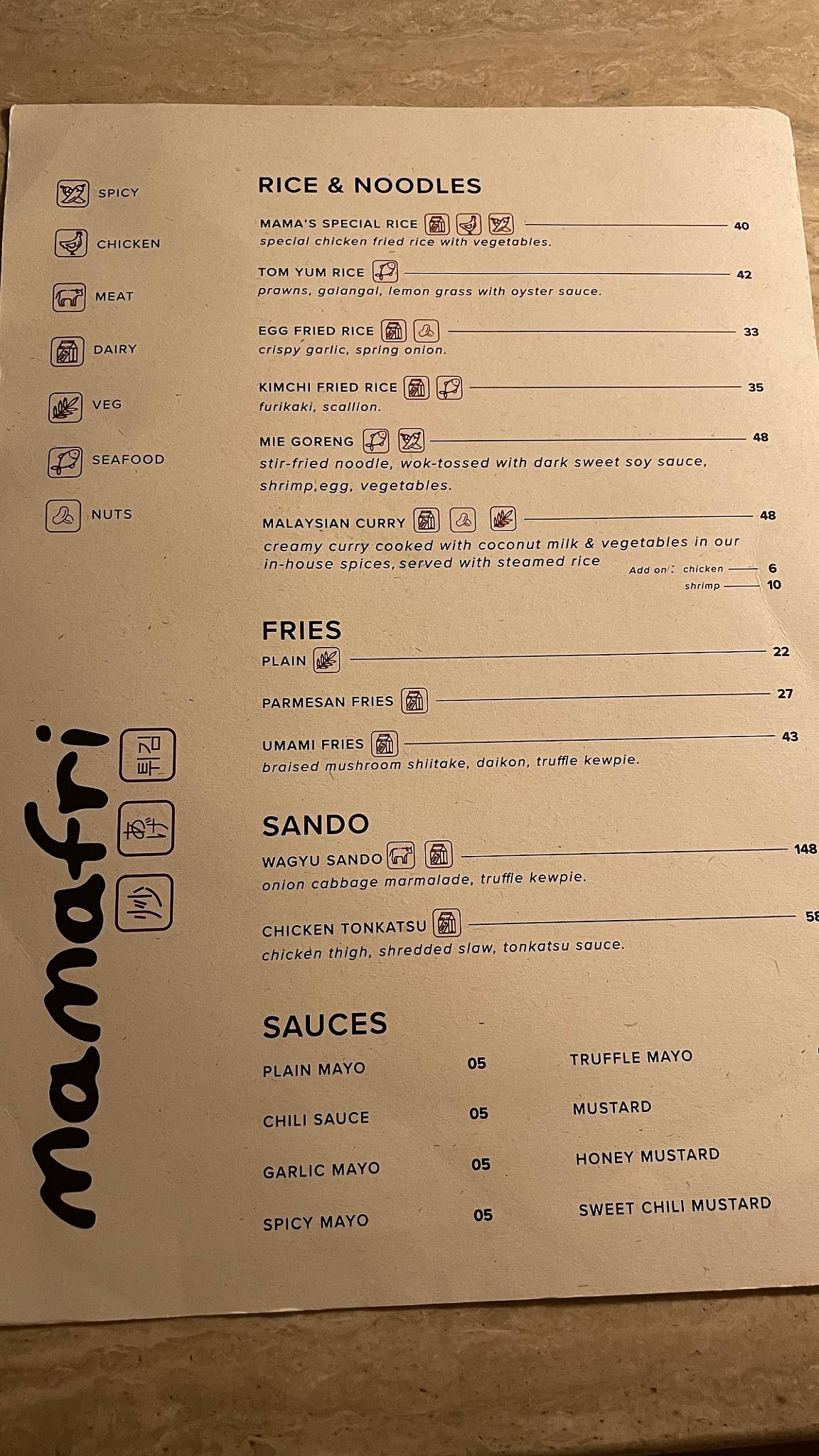 Menu at Mamafri DIFC restaurant, Dubai