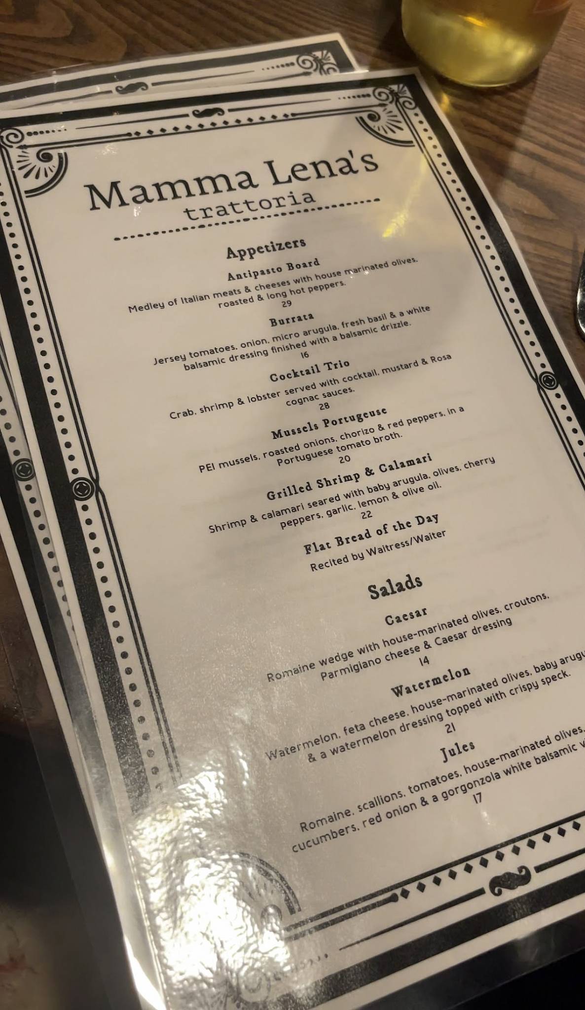 Menu at Mamma Lena's Trattoria restaurant, Ventnor City