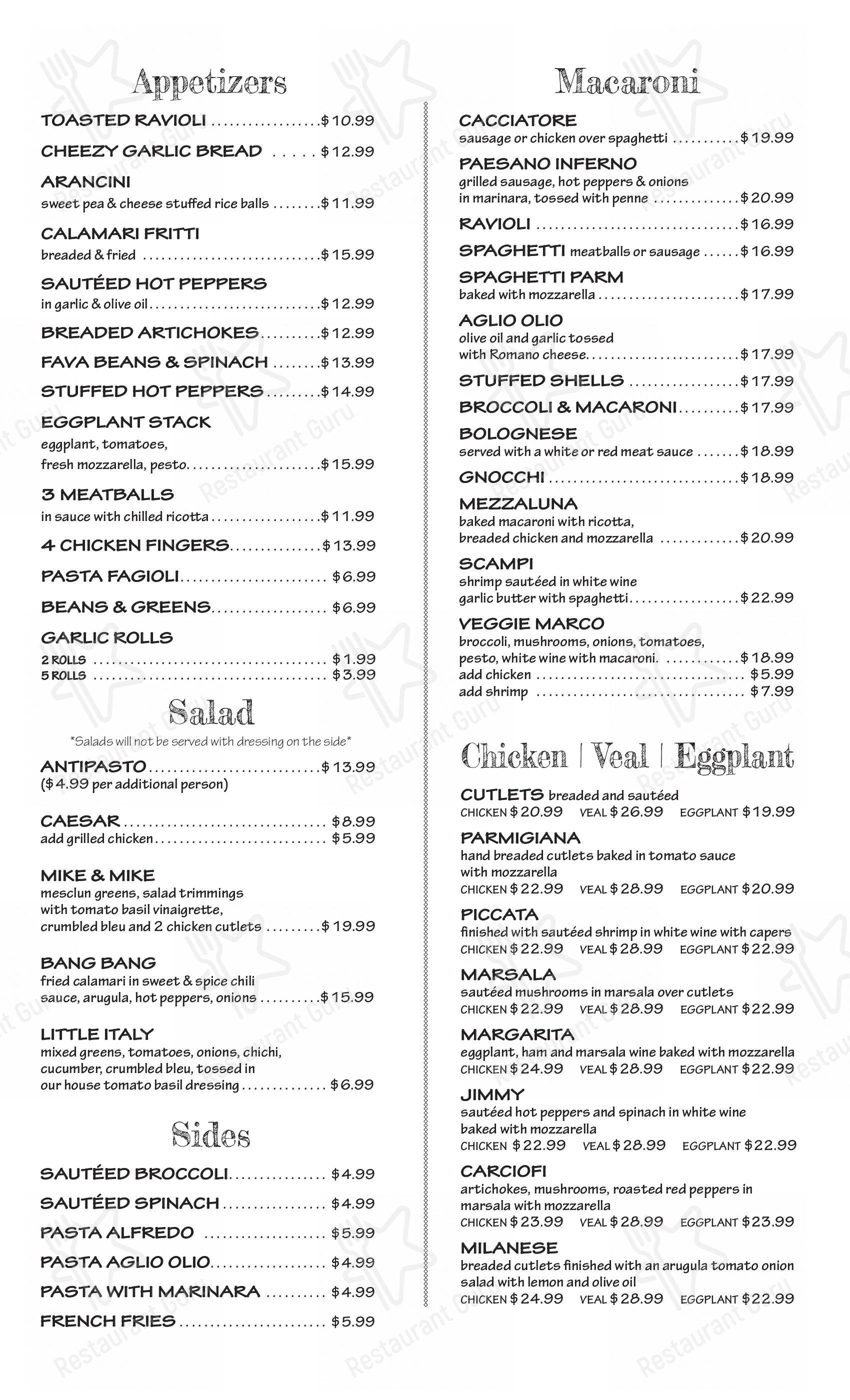 Menu at Marco's Italian Restaurant, Buffalo