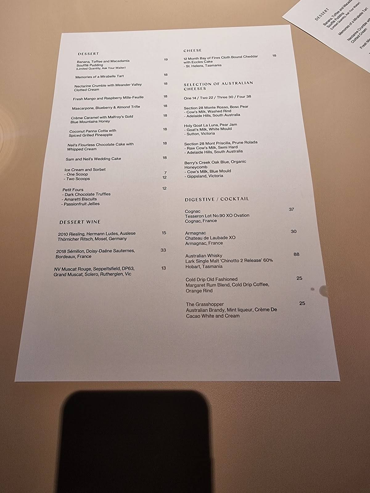 Menu at Margaret restaurant, Double Bay