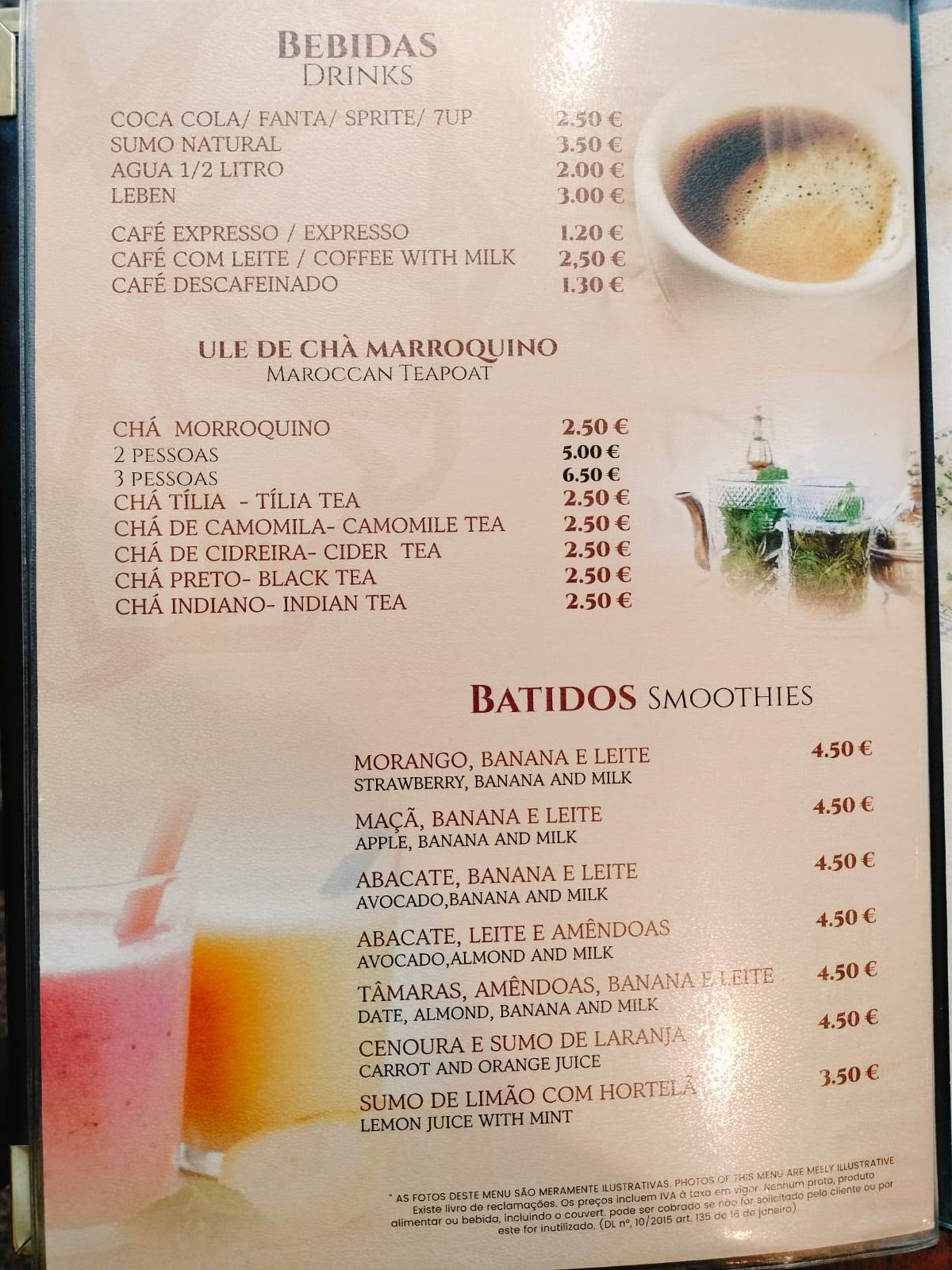 Menu at Marrakesh restaurant, Lisbon