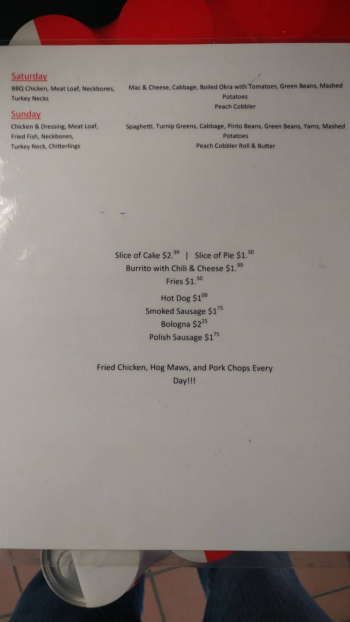 Menu at Marvin's Hot Kitchen & Deli restaurant, Memphis, Lamar Ave