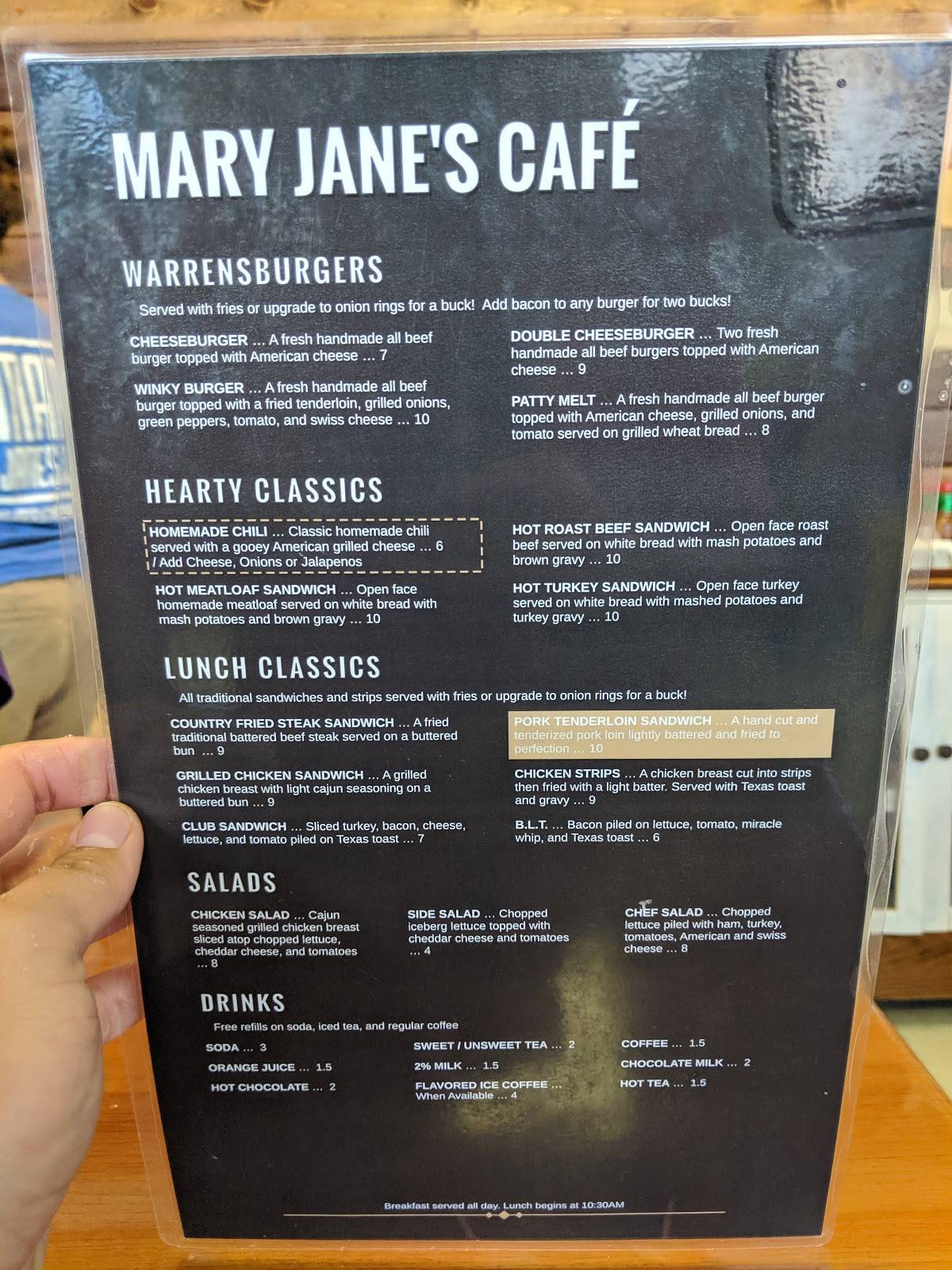 Menu at Mary Jane's Cafe, Warrensburg