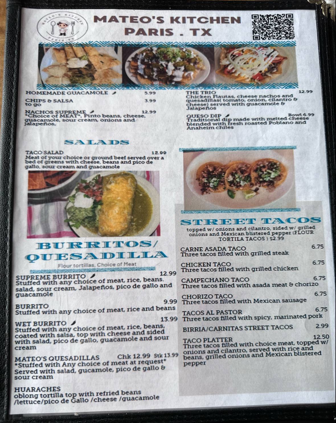 Menu at Mateo's Kitchen Restaurant, Paris