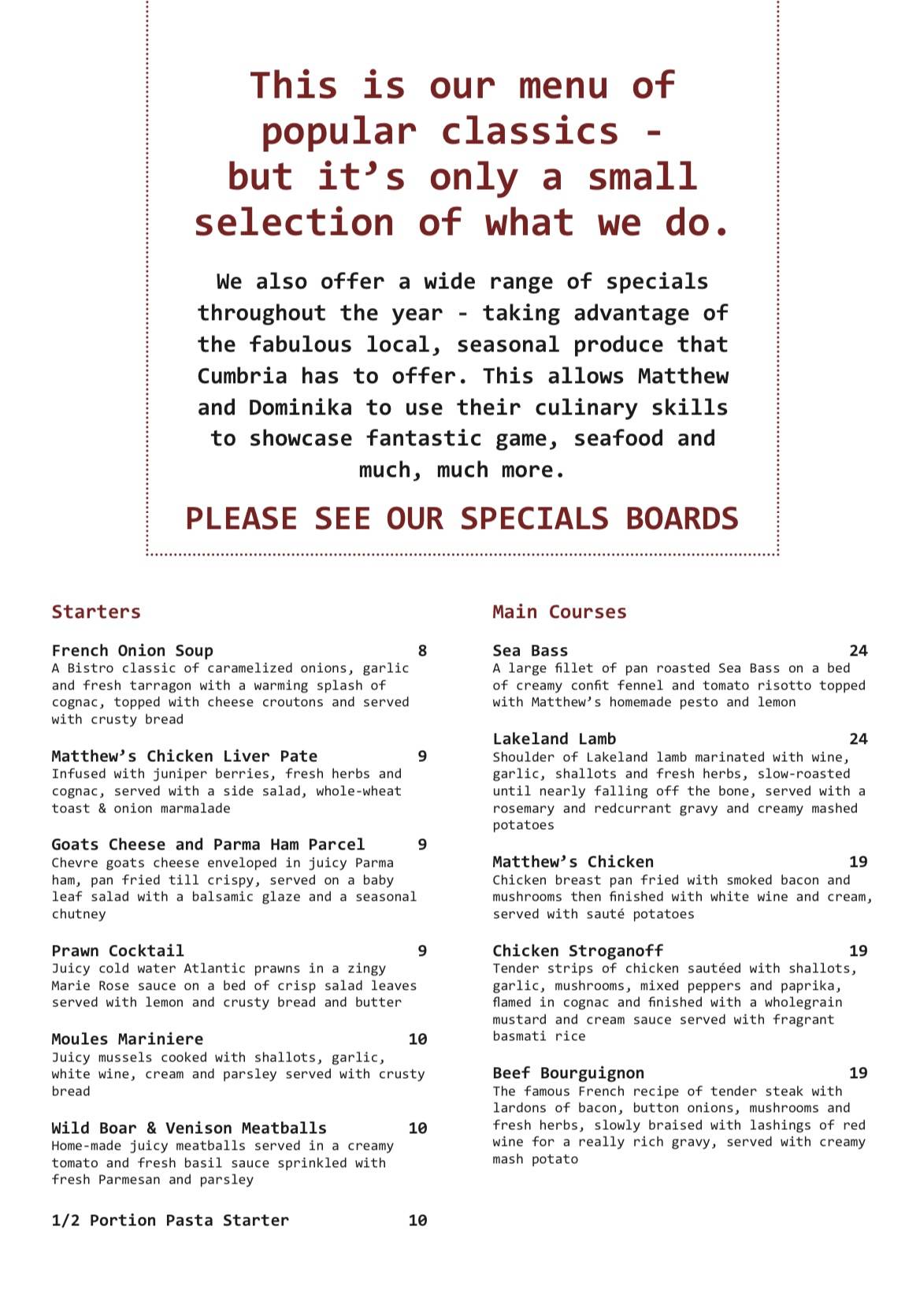 Menu at Matthew's Bistro restaurant, Ambleside