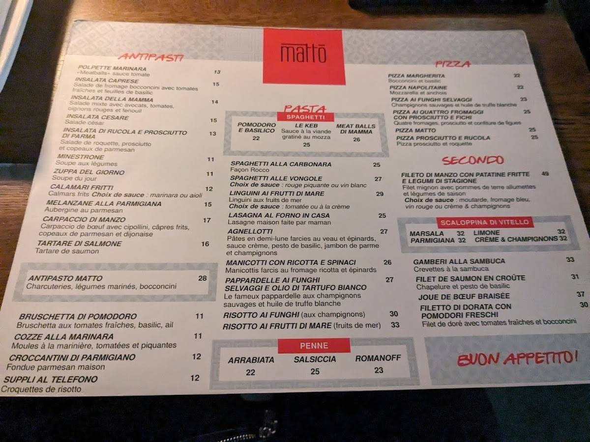 Menu au Matto Lévis restaurant, Levis