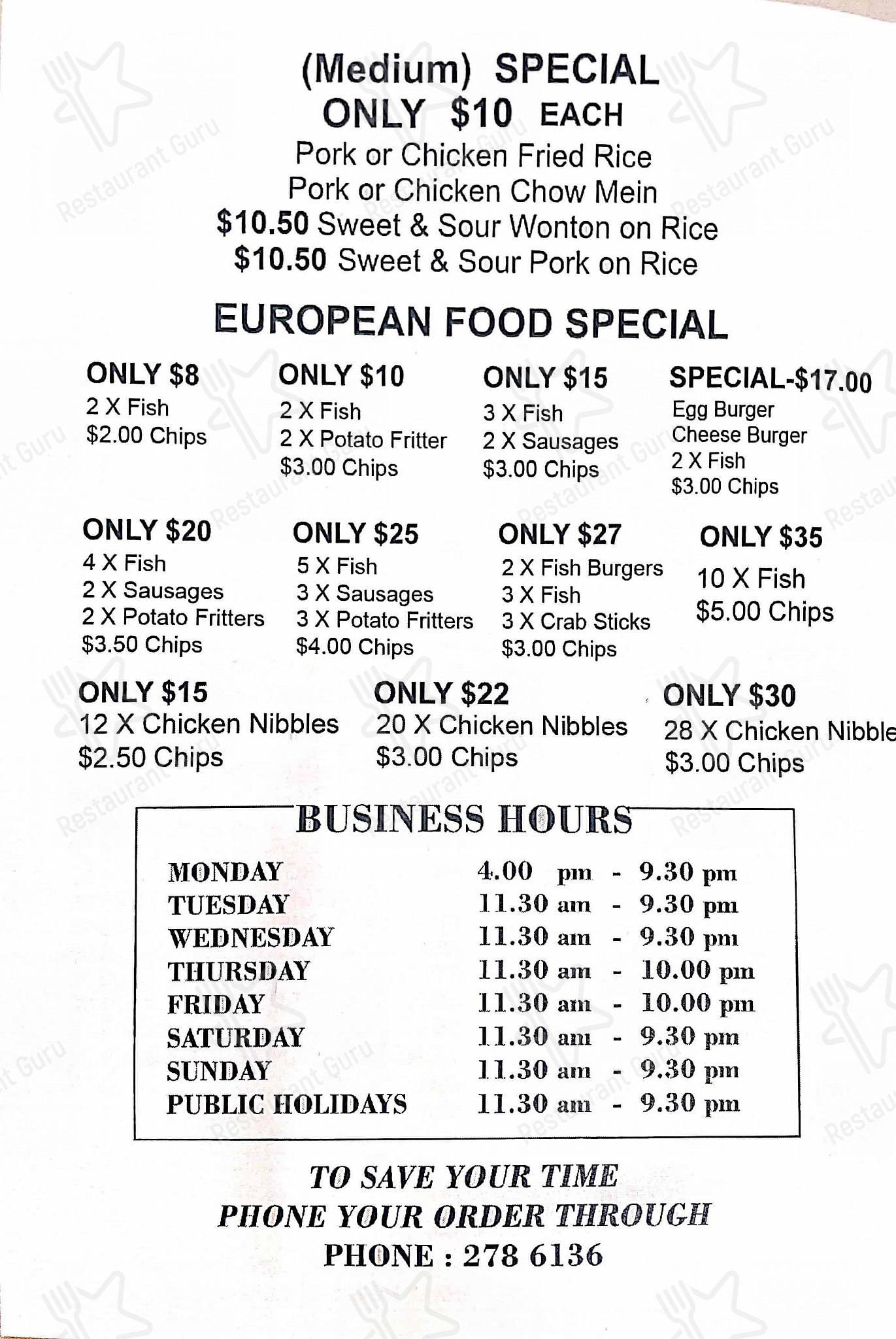 Menu at MAY WAH CHINESE & EUROPEAN FOOD TAKEAWAYS fast food, Auckland