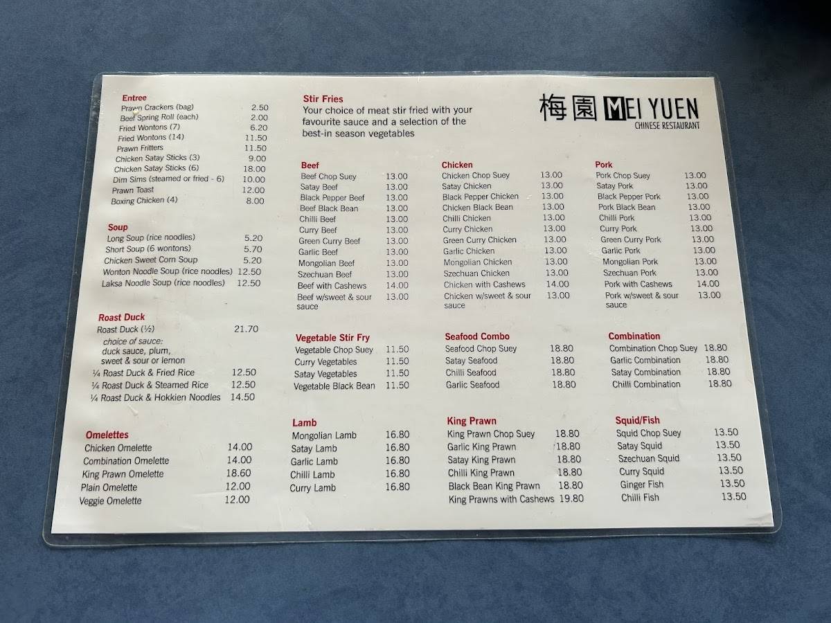 Menu at Mei Yuen Chinese Restaurant, Kalgoorlie