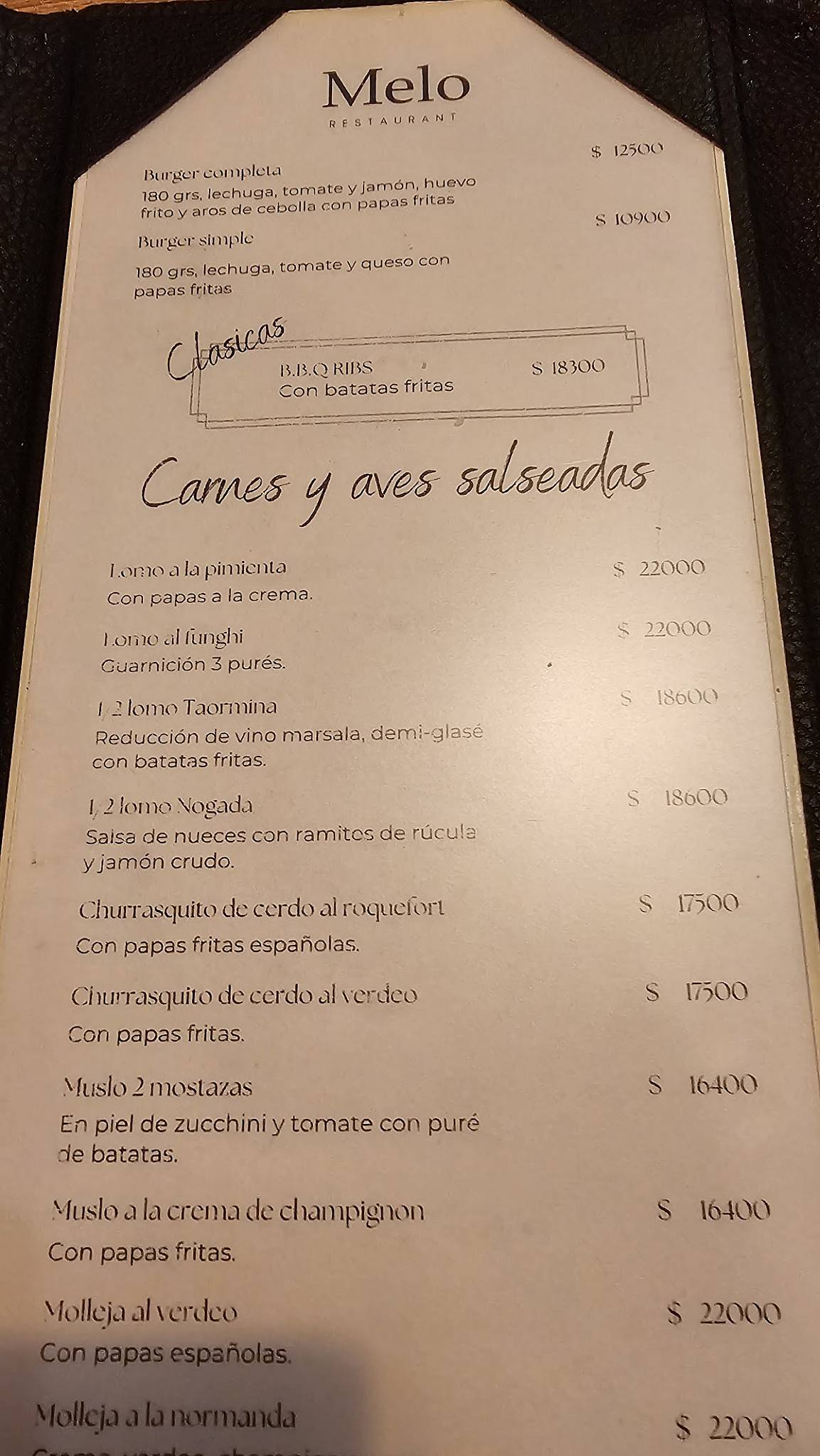 Menu at Melo restaurant, Buenos Aires, José Andrés Pacheco de Melo 1833