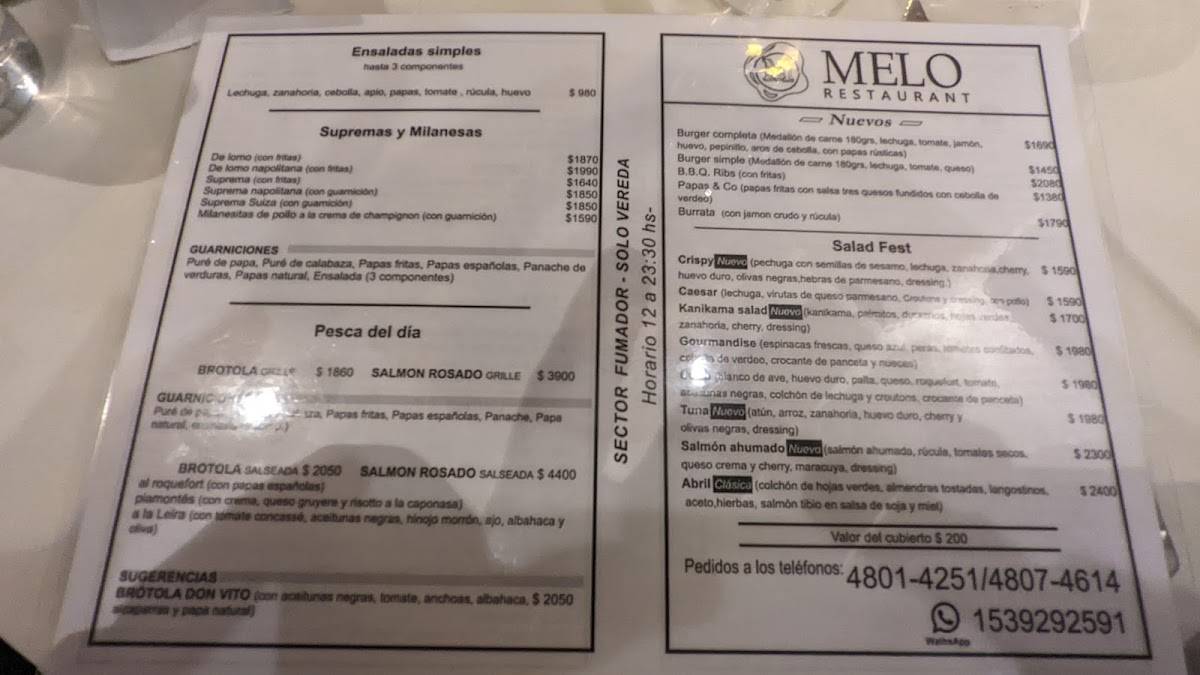 Carta del restaurante Melo, Buenos Aires, José Andrés Pacheco del Melo 1833