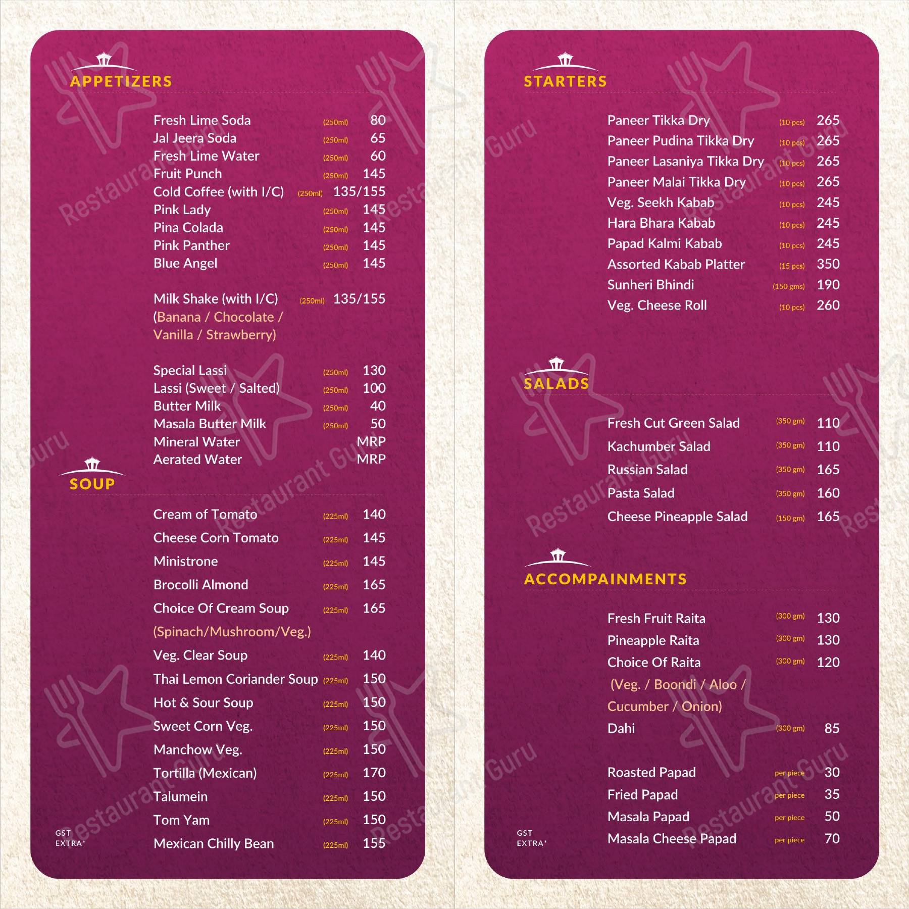 Menu at Meritorious Restaurant banquet., Ahmedabad