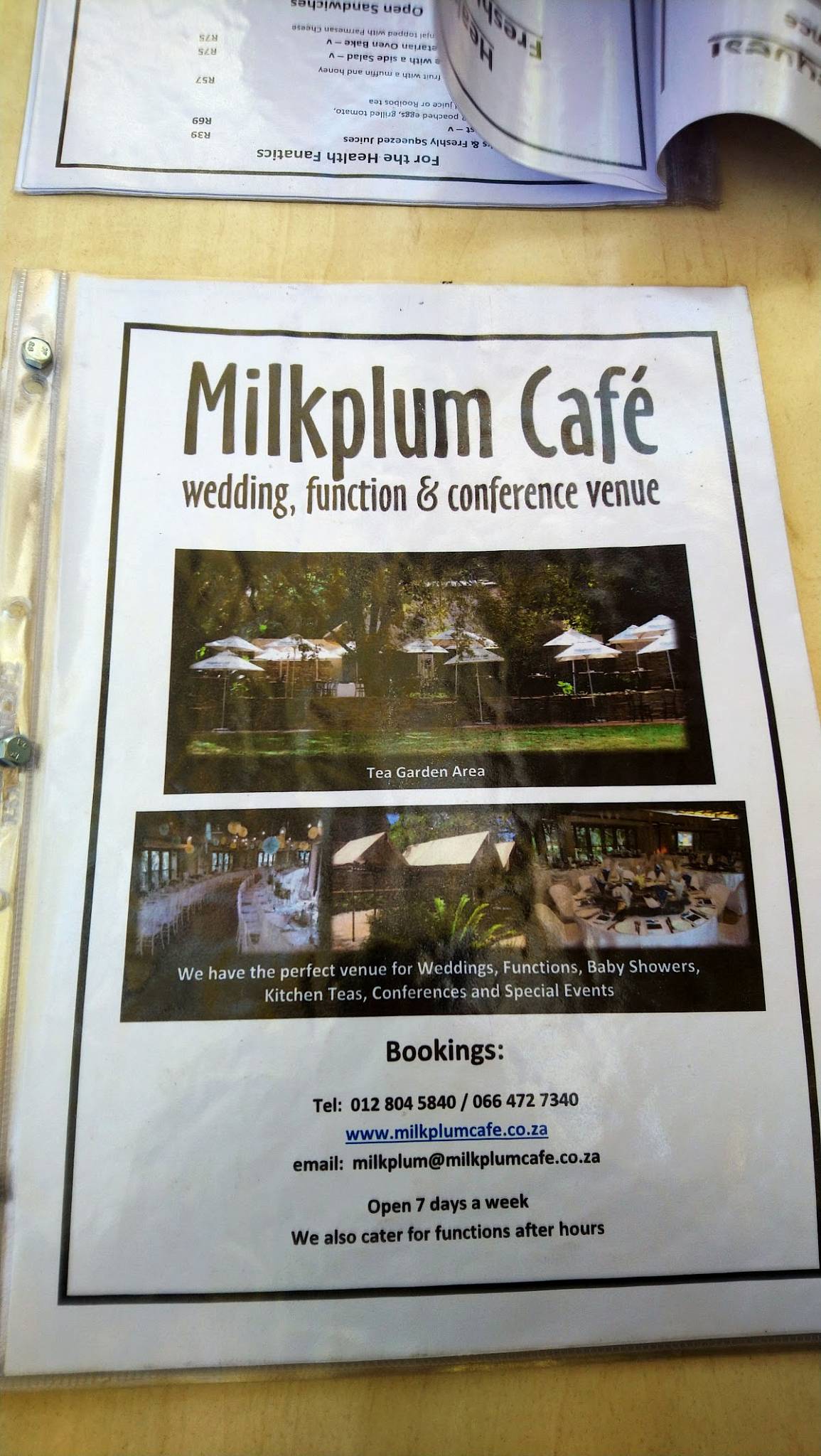 Menu at Milkplum Cafe, Pretoria, 2 Cussonia Ave