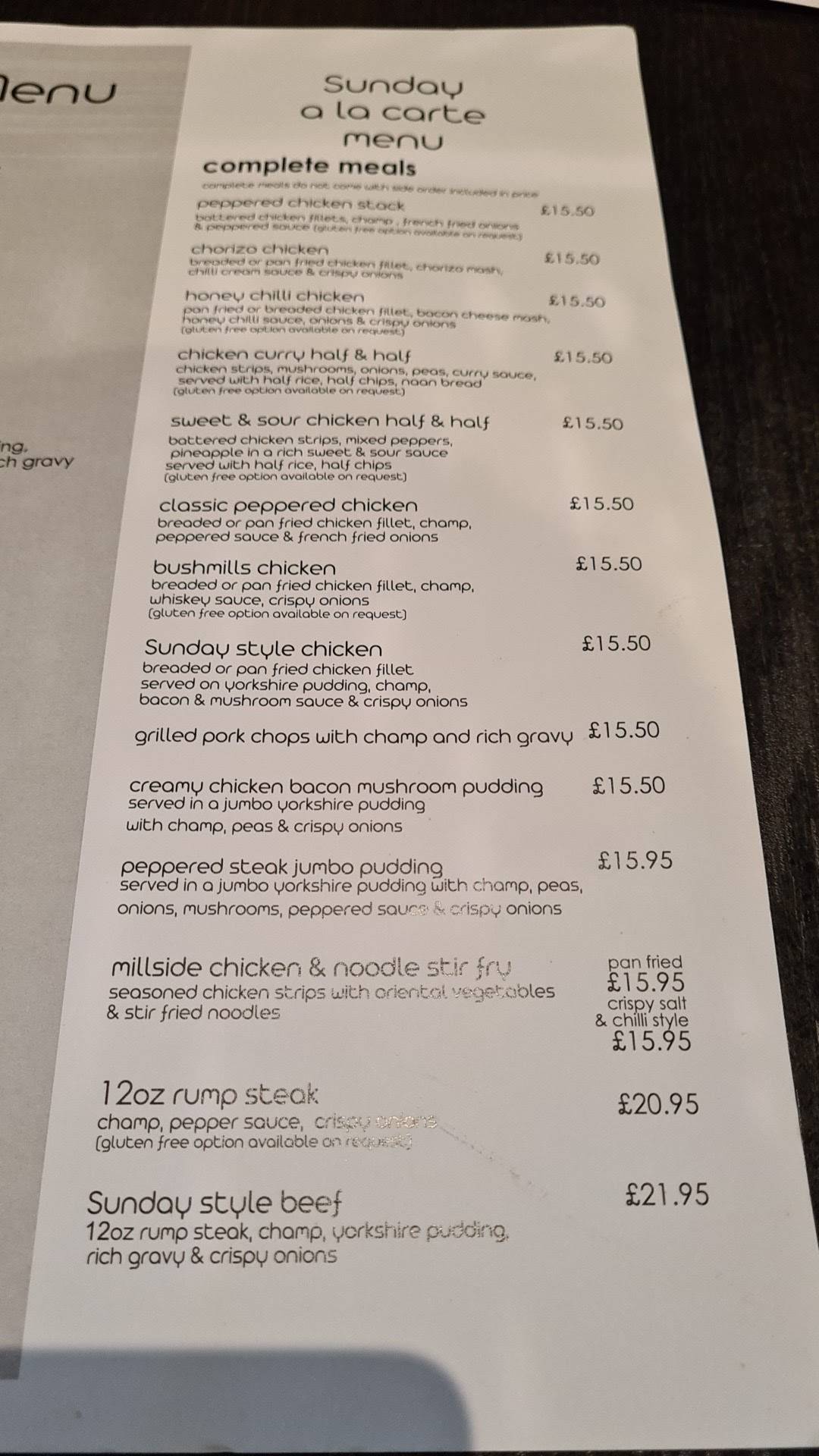 Menu at Millside Restaurant, Cloughmills