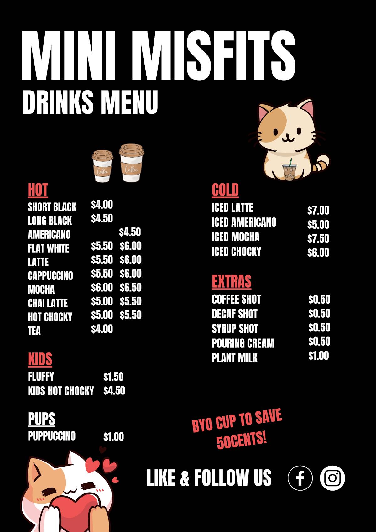 Menu at Mini Misfits Cafe, Waitoki