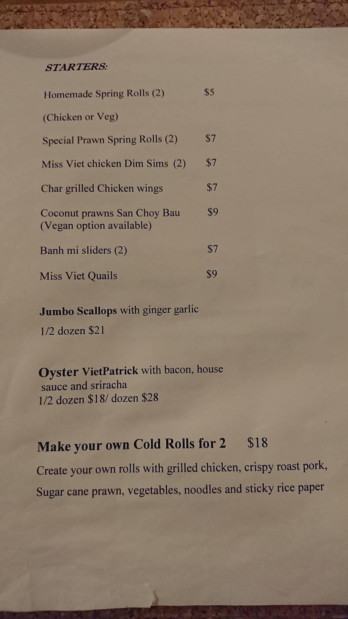 Menu at Miss Viet Kitchen restaurant, Port Adelaide