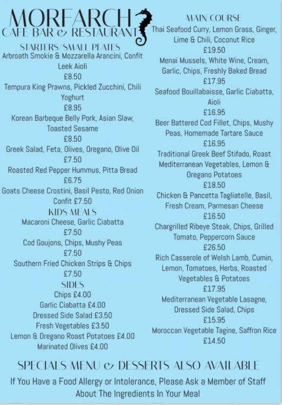 Menu at Morfarch Cafe Bar & Restaurant, Caernarfon