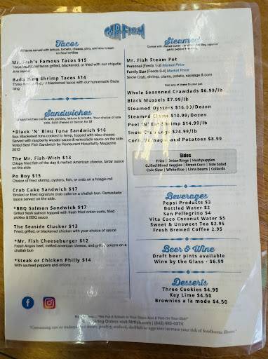 Menu at Mr. Fish Seafood Market & Grill restaurant, Myrtle Beach