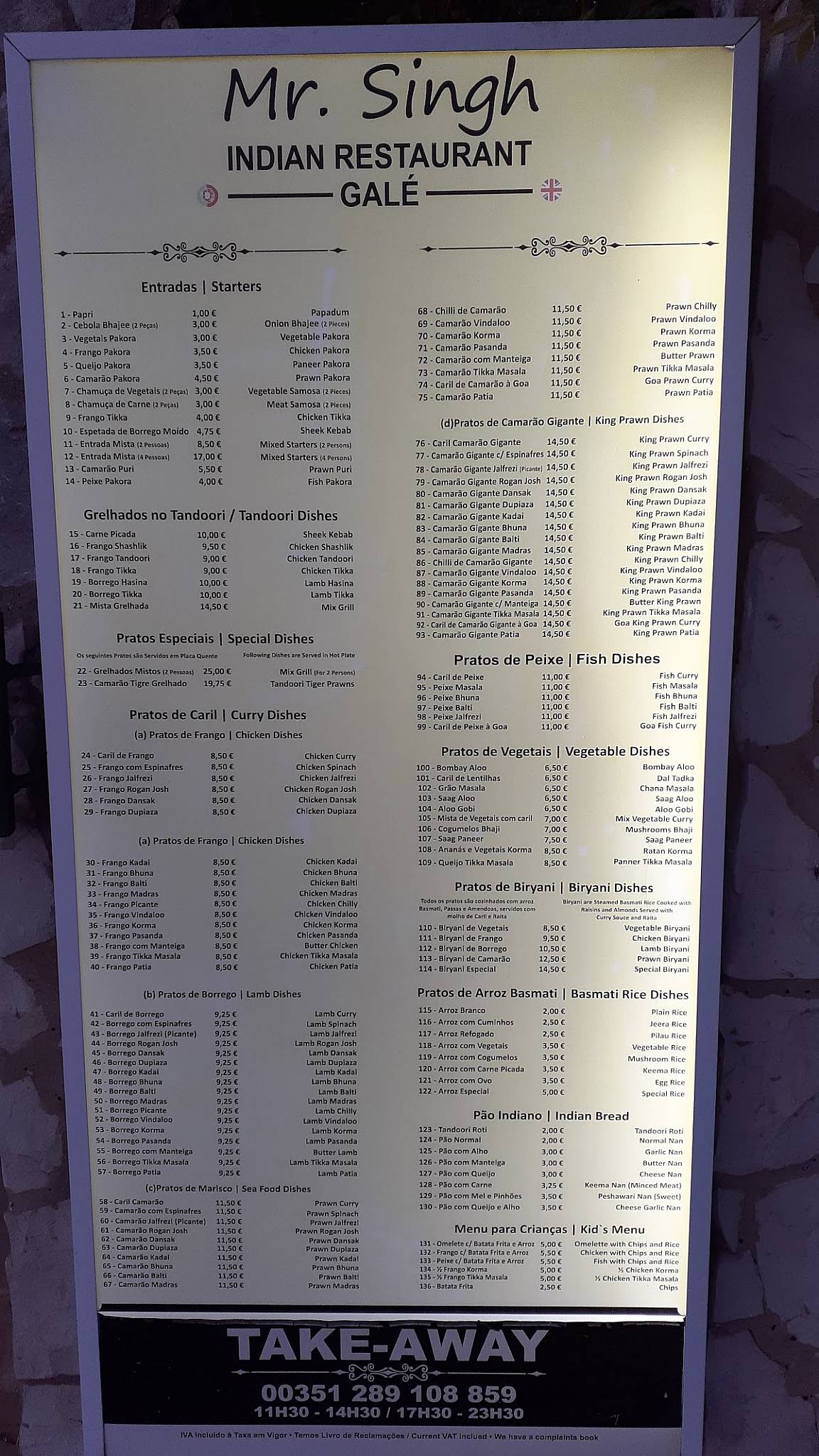 Menu at Mr. Singh - Indian Tandoori restaurant, Guia