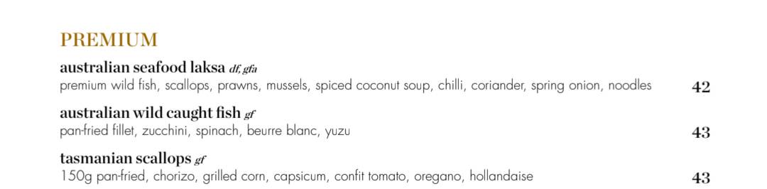 Menu at Mures Upper Deck restaurant, Hobart