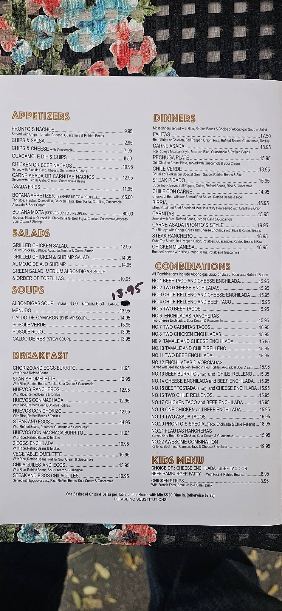Menu at Muy Pronto's Mexican grill restaurant, Torrance