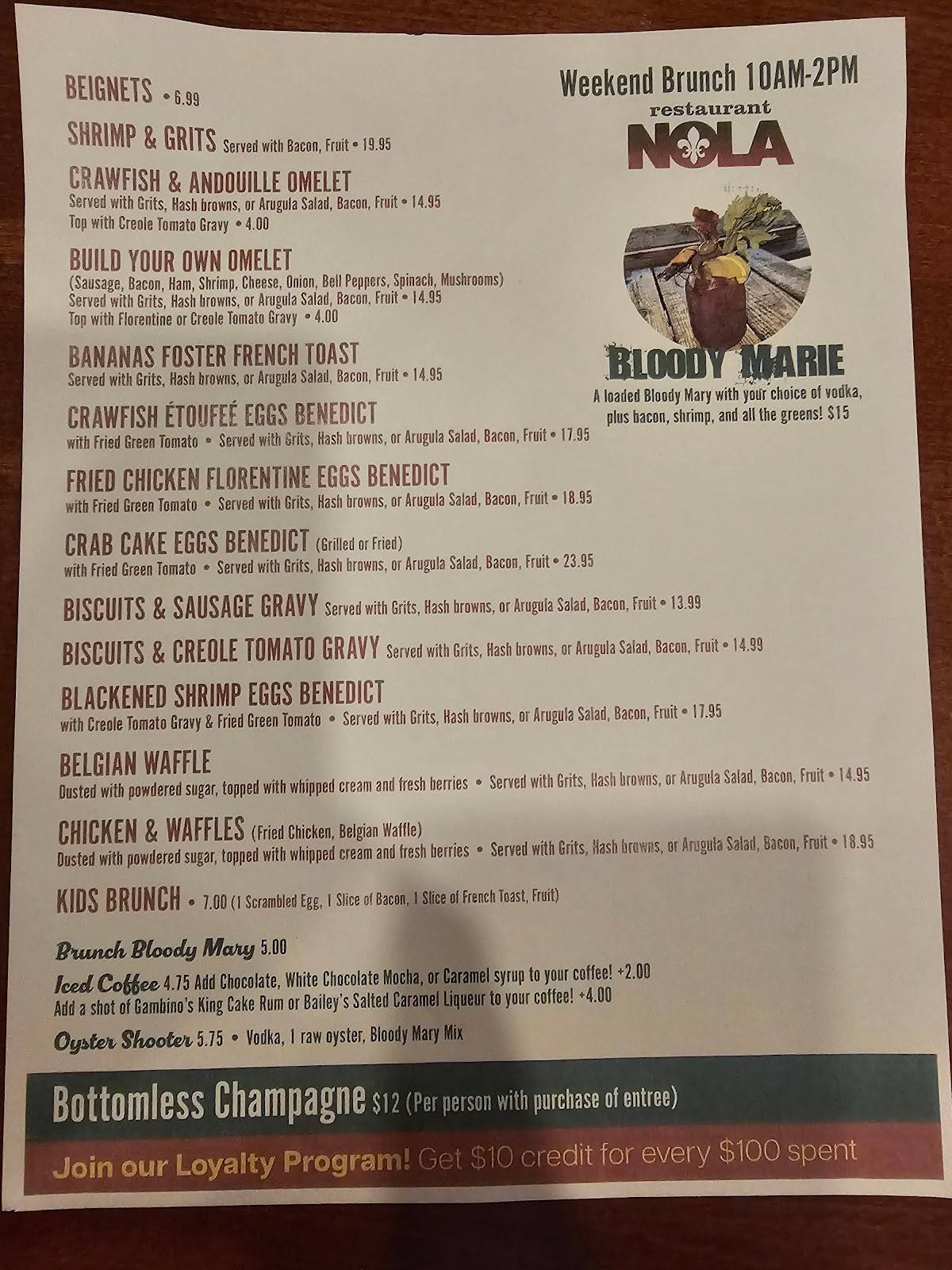 Menu at Restaurant NOLA, Pensacola