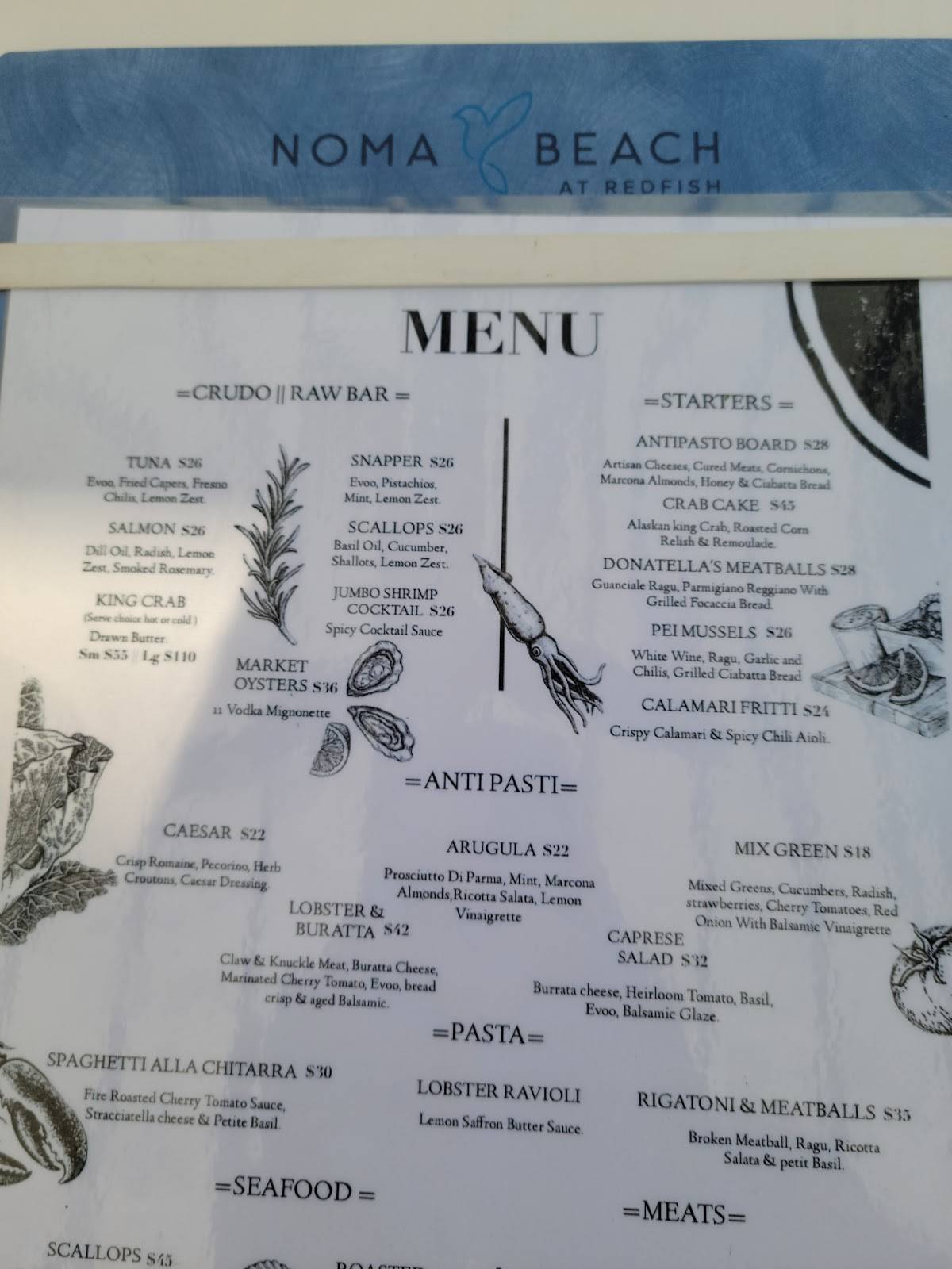 Menu at NOMA Beach at Redfish restaurant, Coral Gables, Old Cutler Rd