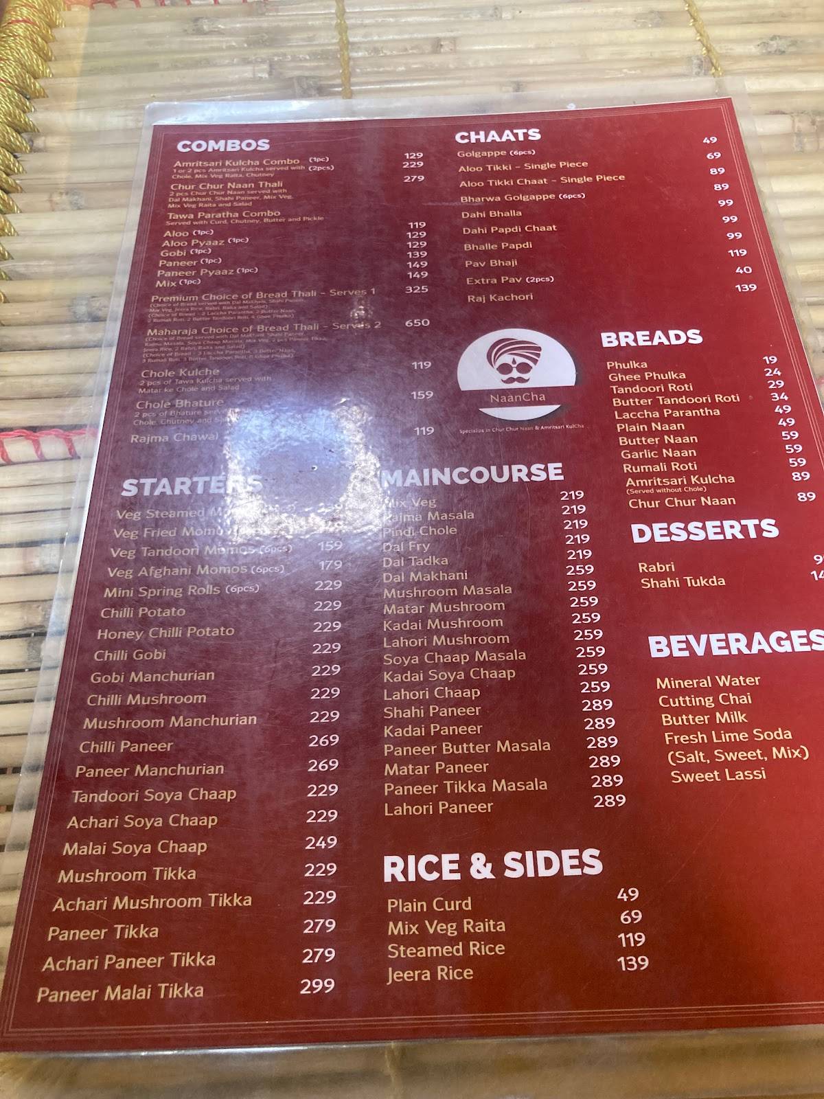 Menu at NaanCha, Bengaluru