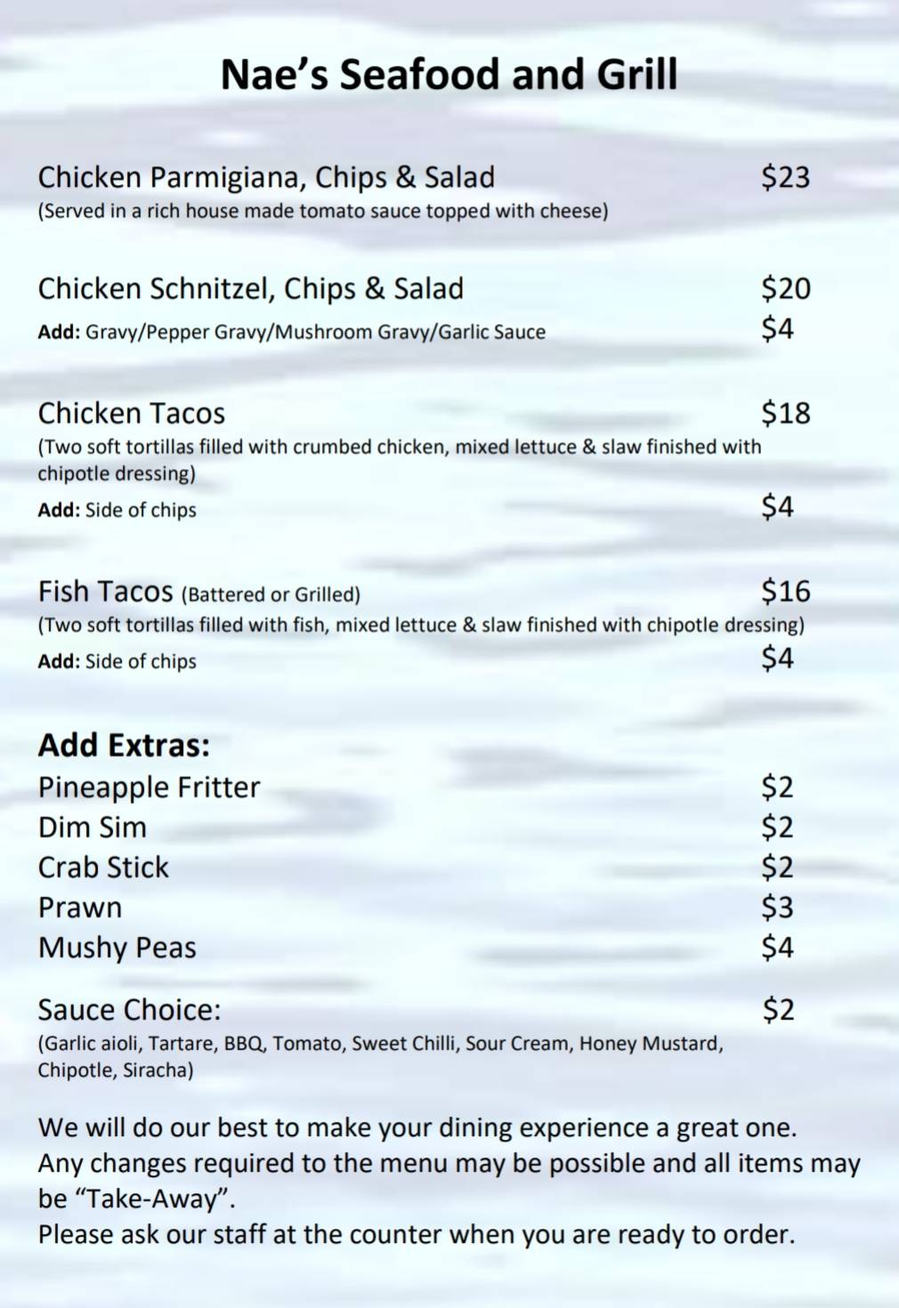 Menu at Nae’s Seafood & Grill restaurant, Rockingham