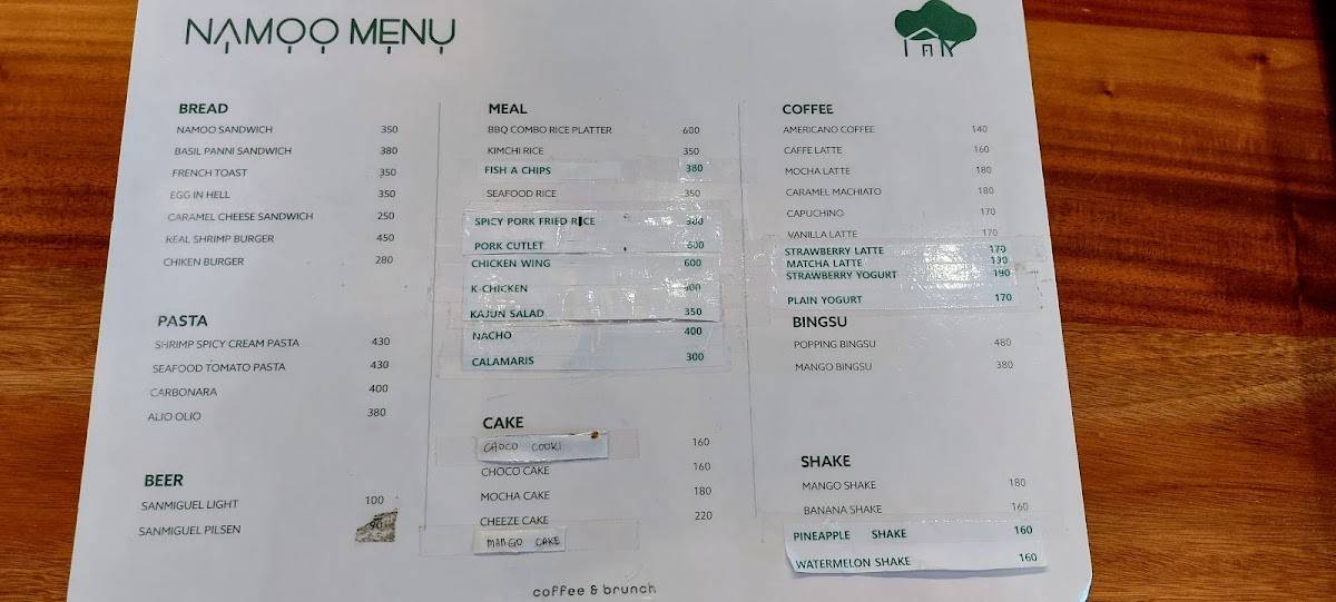 Menu at Namoo Cafe(나무카페), Panglao