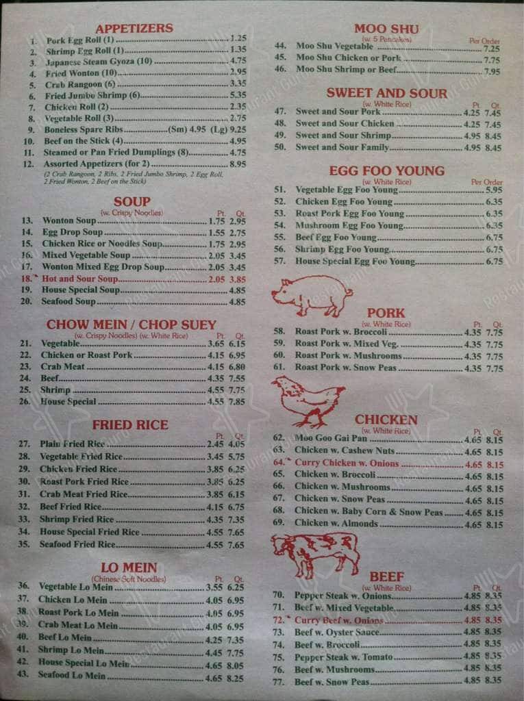 Menu at New Dragon restaurant, Valparaiso