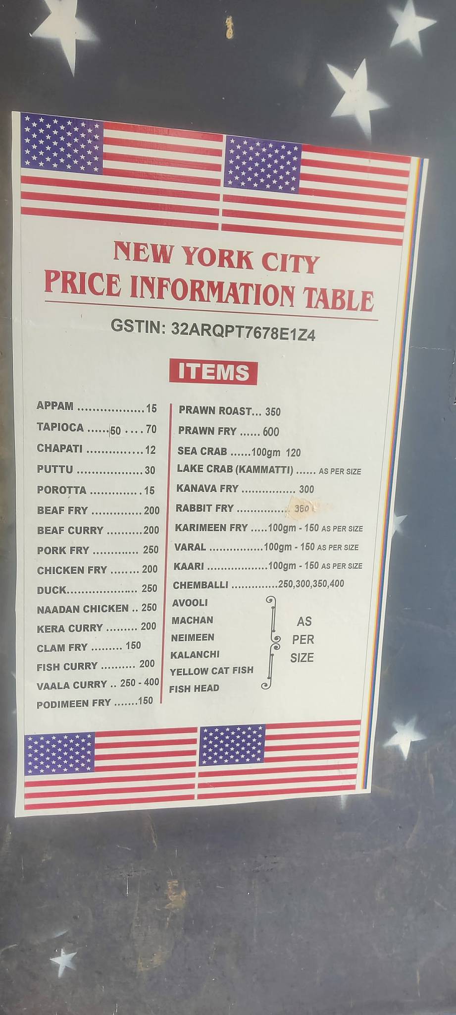 Menu at New York City Toddy Shop, Kuttanad Taluk