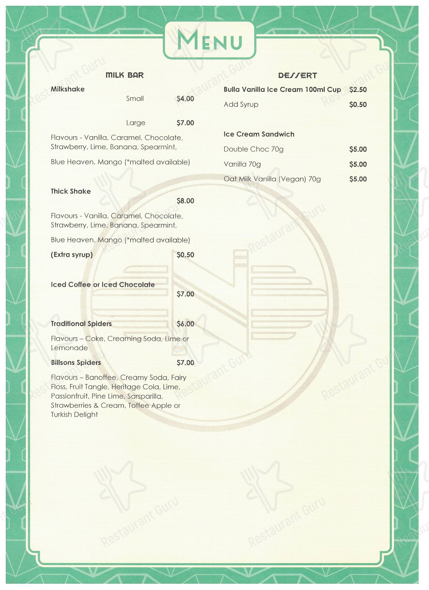 Menu at Niagara Cafe, Gundagai