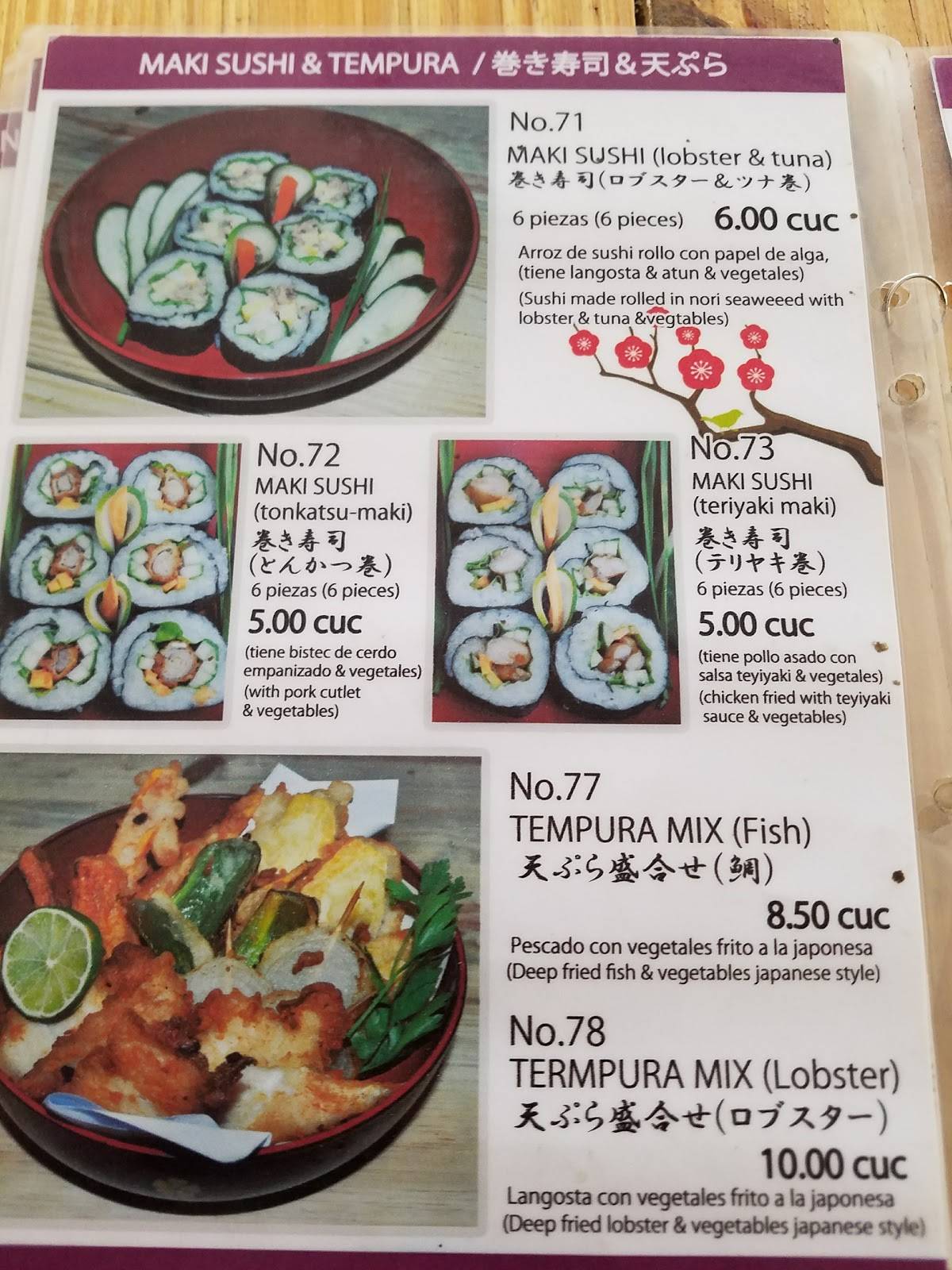 Carta de Nippon Shoku Dou cafe, La Habana