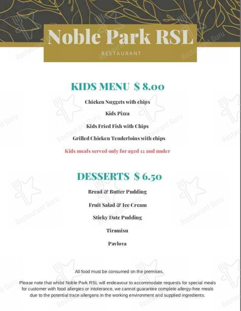 Menu at Noble Park RSL restaurant, Noble Park