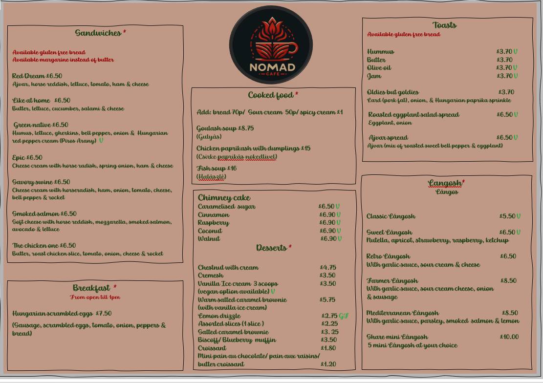 Menu at Nomád cafè (Hungarian Cafe), Bedford