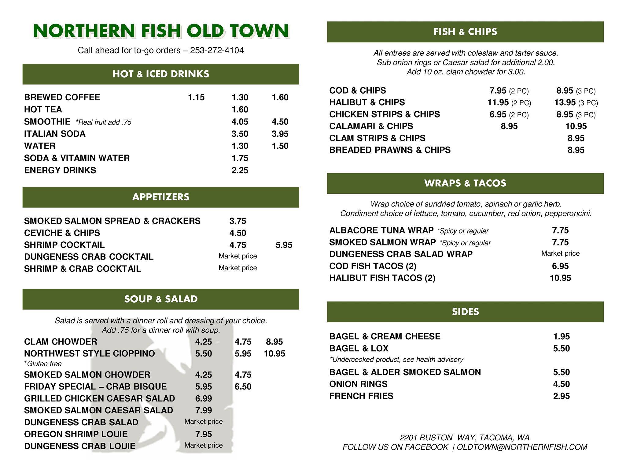 Menu at Northern Fish Co restaurant, Tacoma