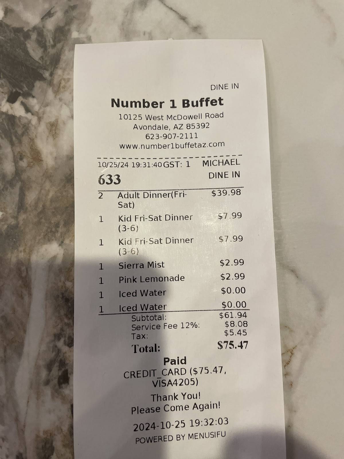 Menu at Number 1 buffet restaurant, Avondale
