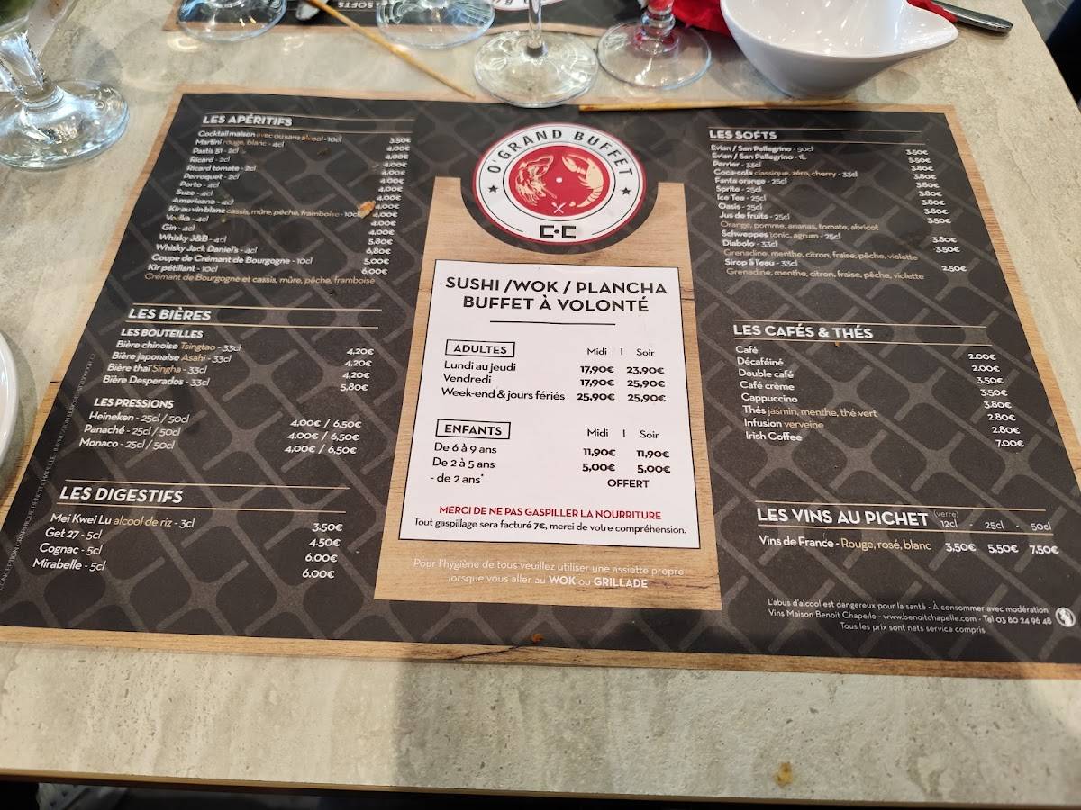 Menu at O'Grand buffet restaurant, Montceau-les-Mines