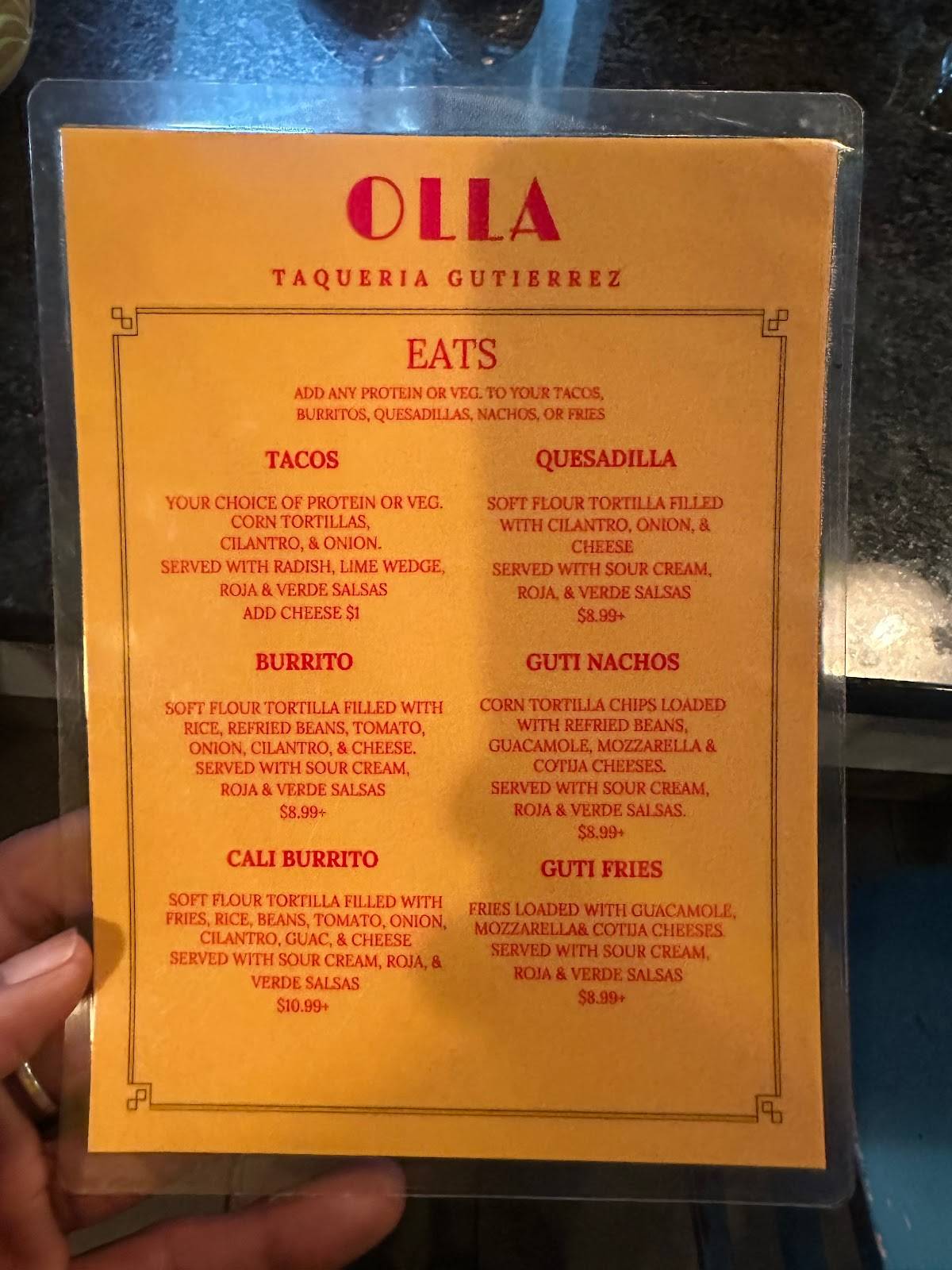 Menu at OLLA Taqueria restaurant, Covington