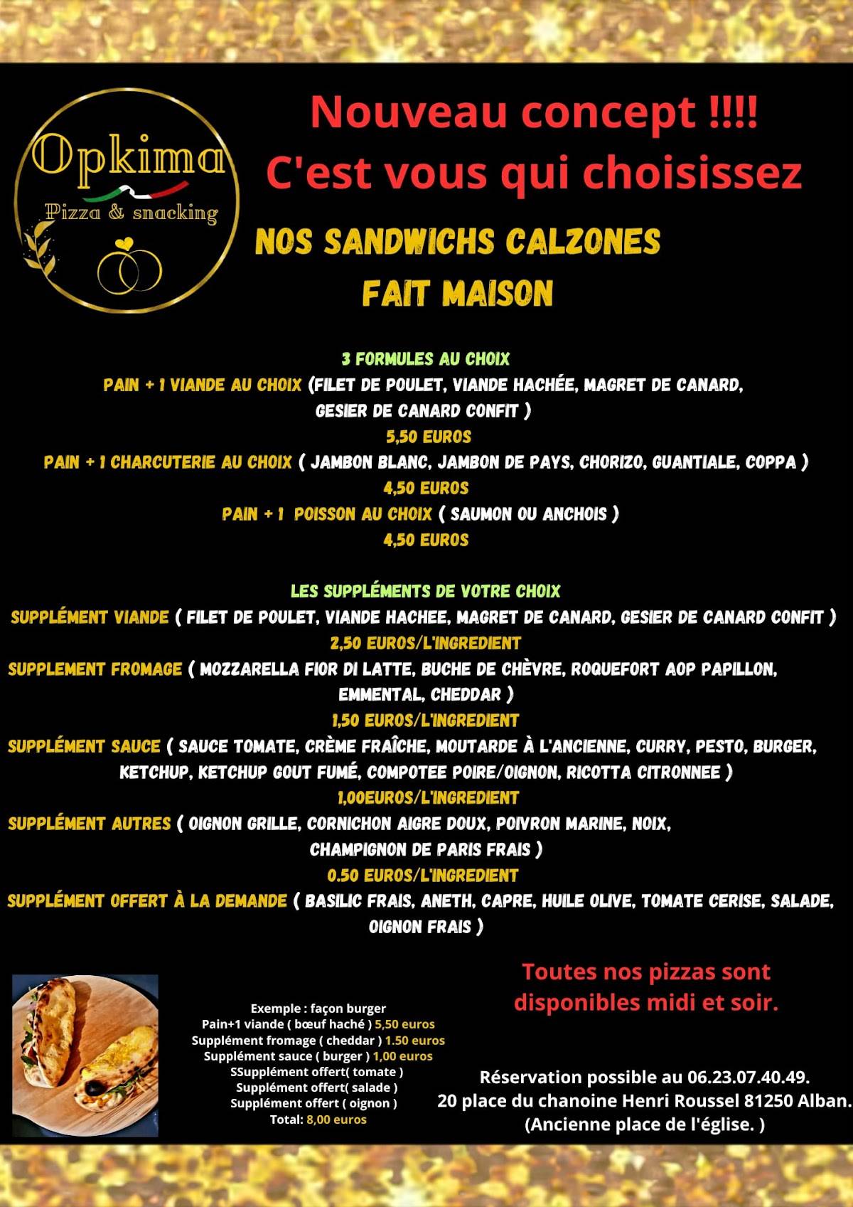 Menu au Pizzeria OPKIMA PIZZA ET SNACKING, Alban