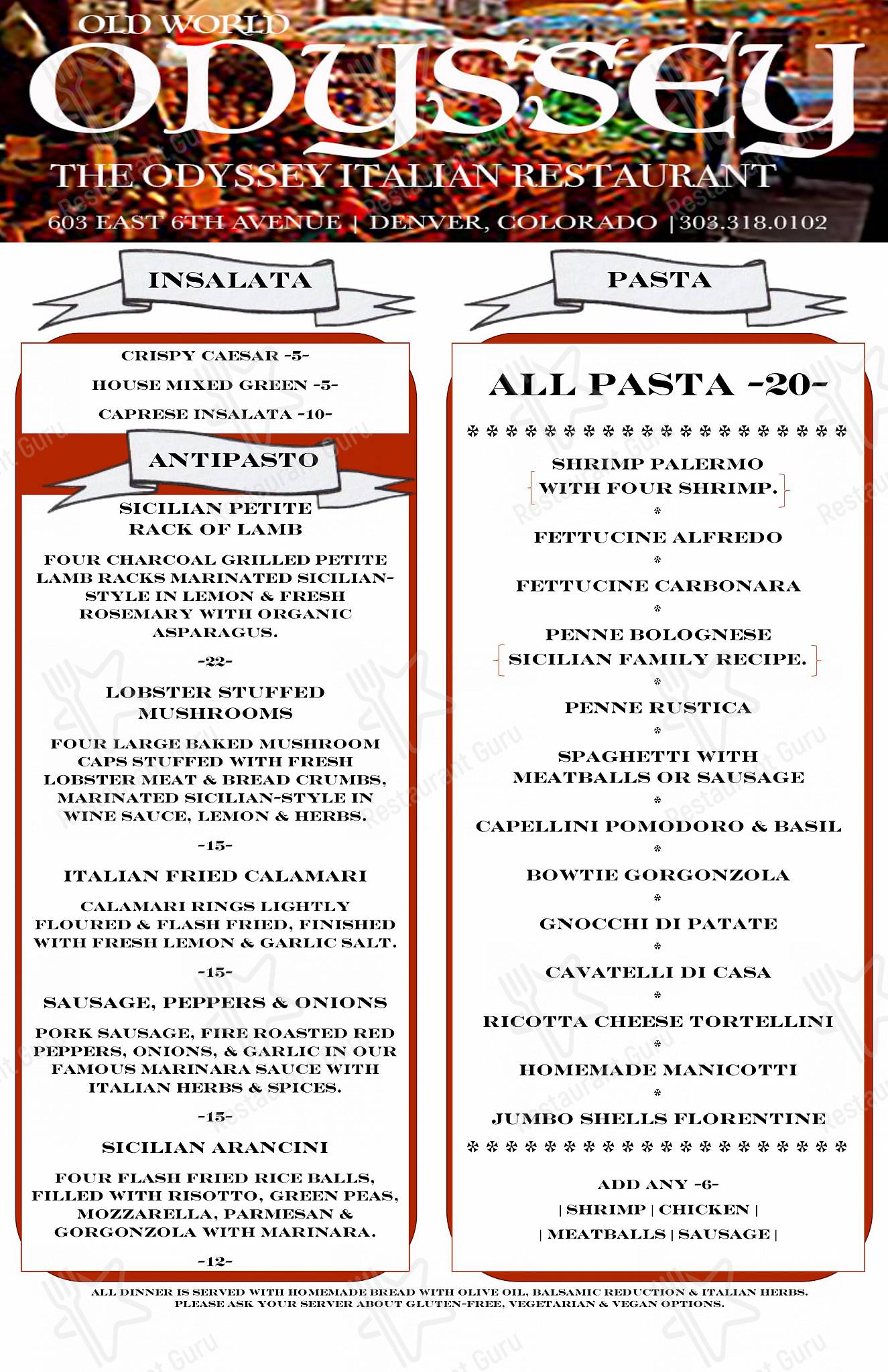Menu at Odyssey Italian Restaurant, Denver, 603 E 6th Ave