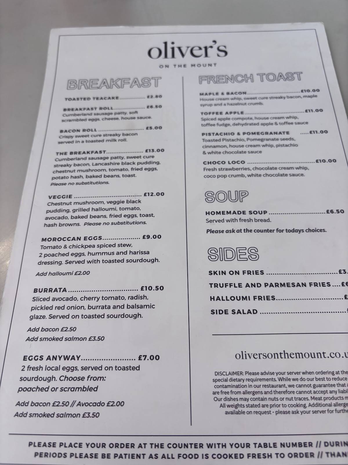 Menu at Olivers on the Mount restaurant, Scarborough, Olivers Mt