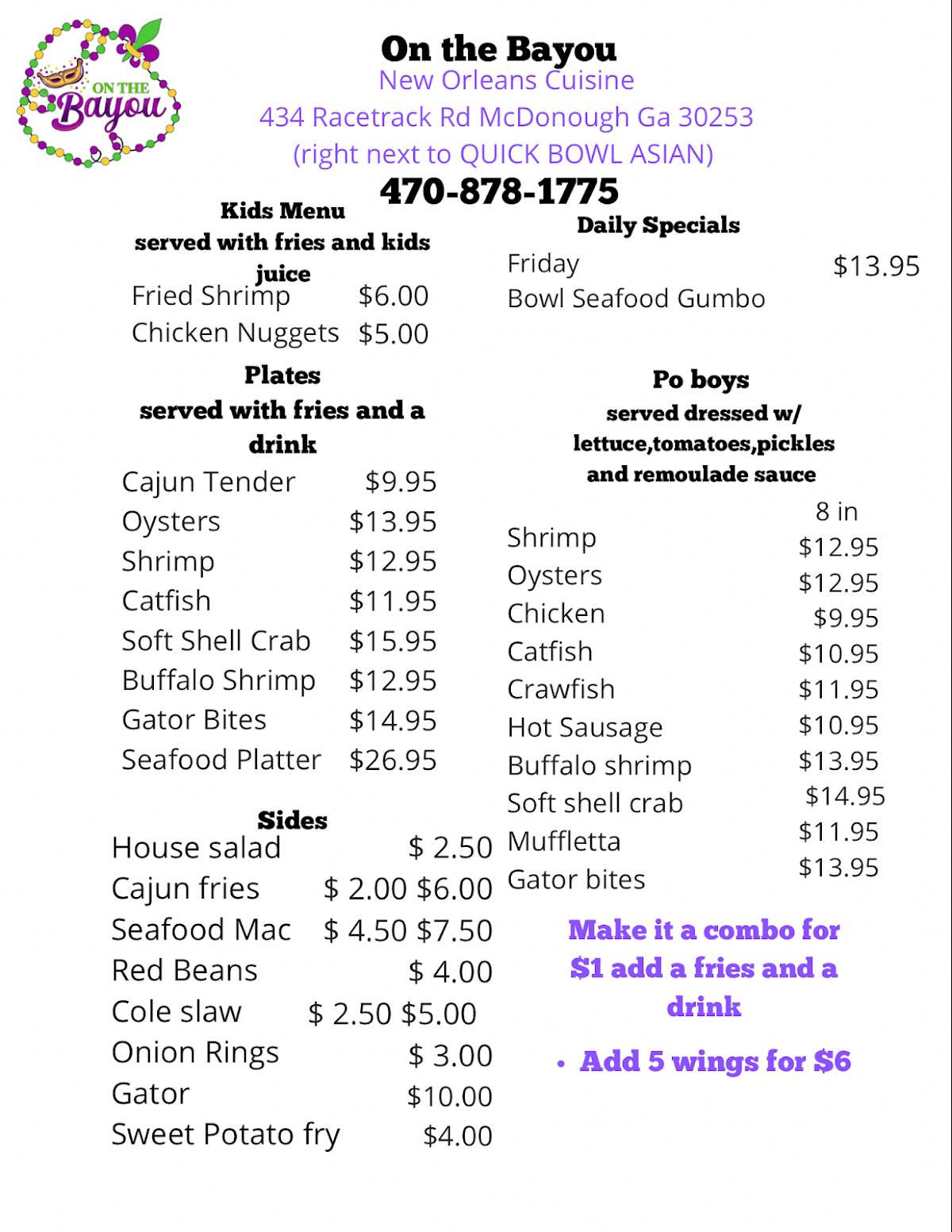 Menu at On The Bayou restaurant, McDonough