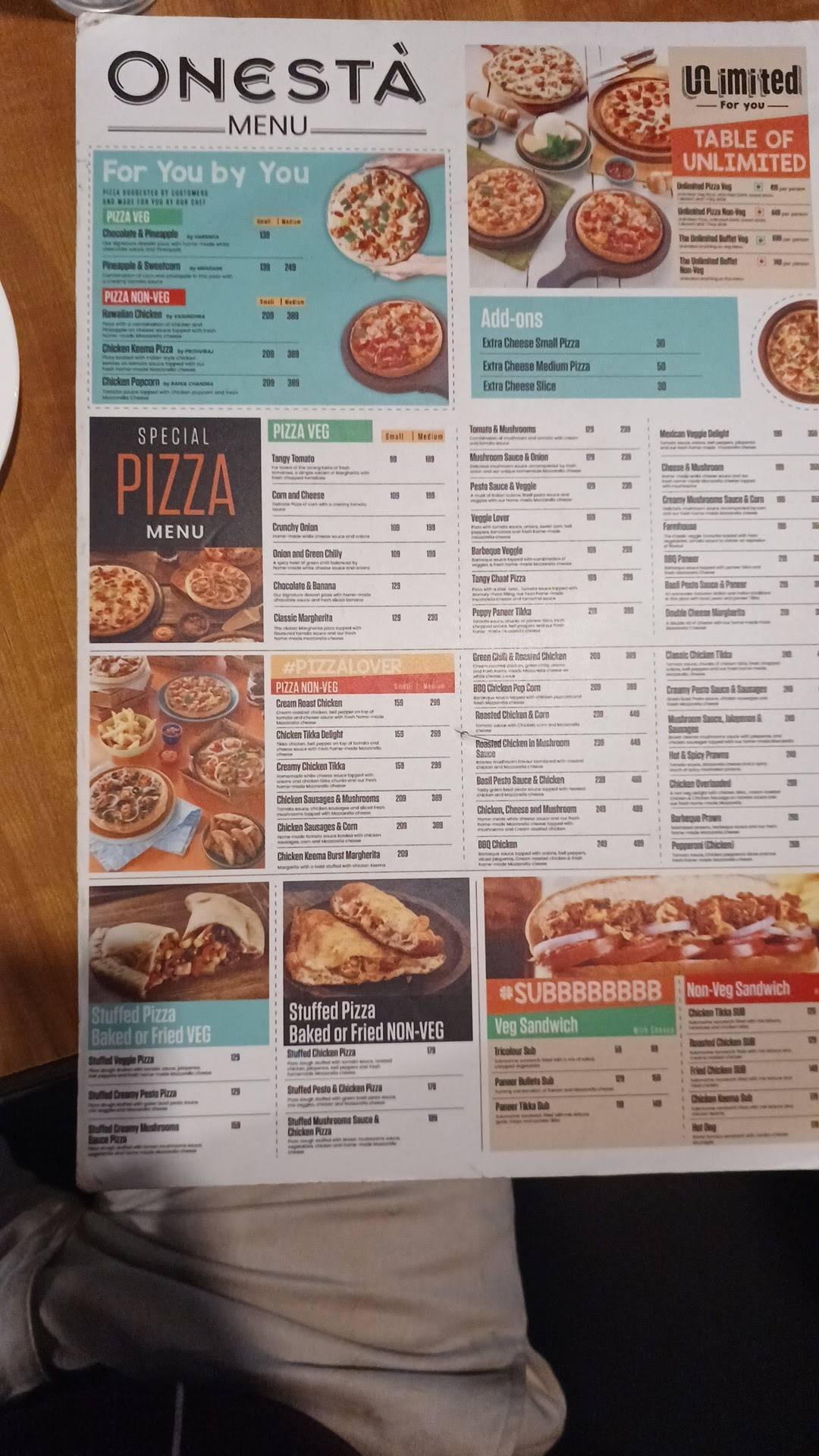 Menu at Onesta, Hyderabad, H.NO. 2-3/77